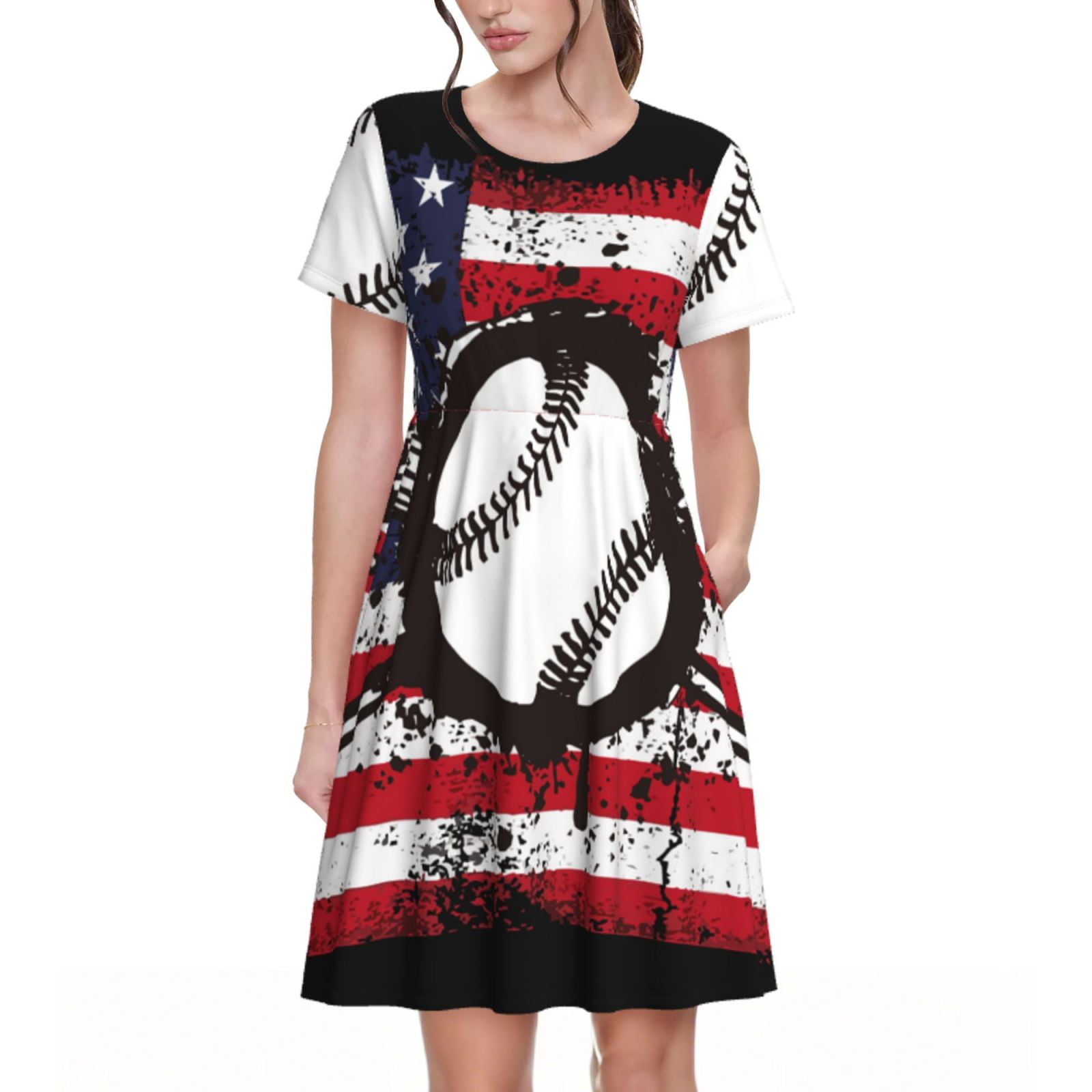 Balery Vintage Baseball American Flag Pattern Womens Dresses Loose ...