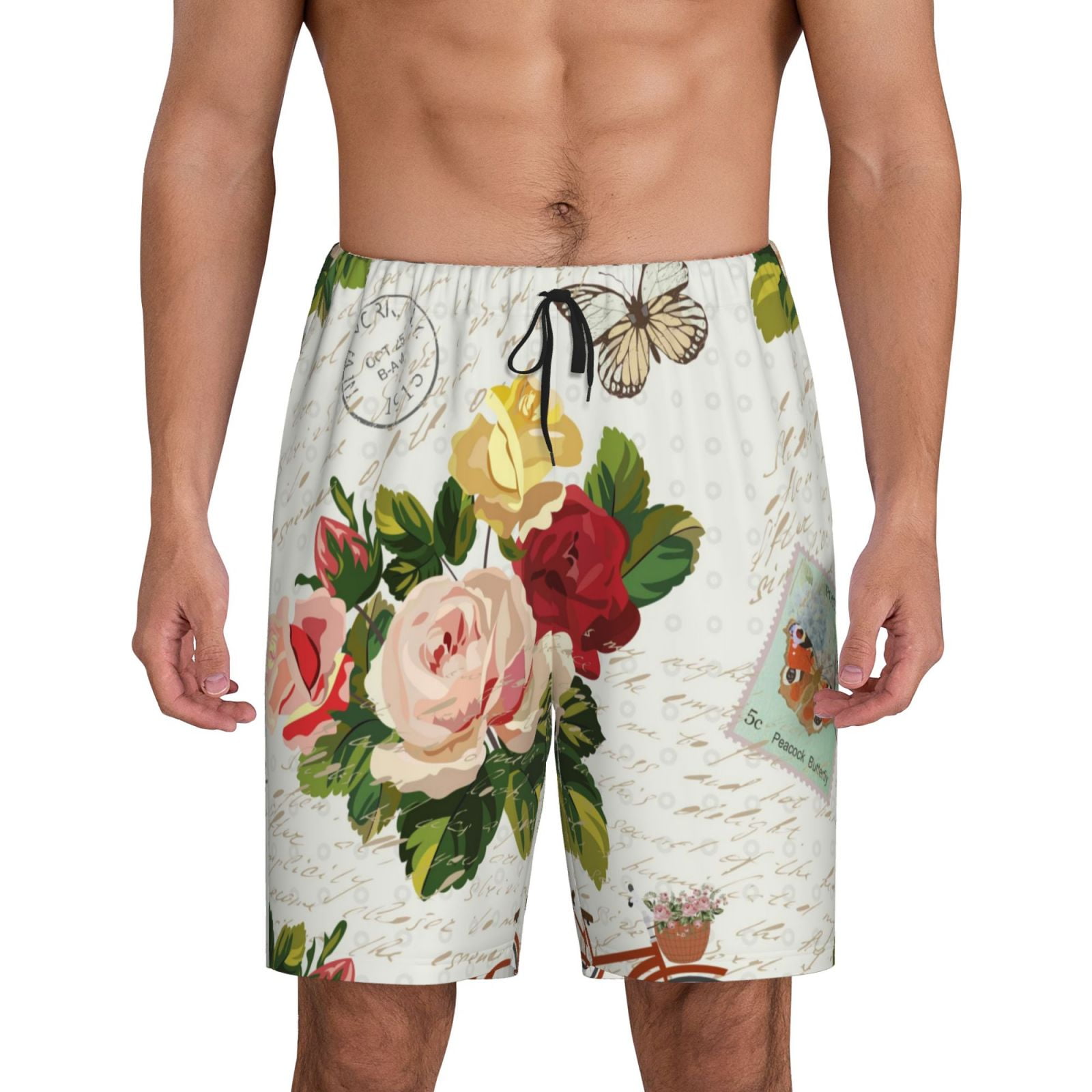 Balery Vintage Bike Flower Butterfly Men's Cotton Knit Pajama Shorts Waistband & Pockets,Short ...