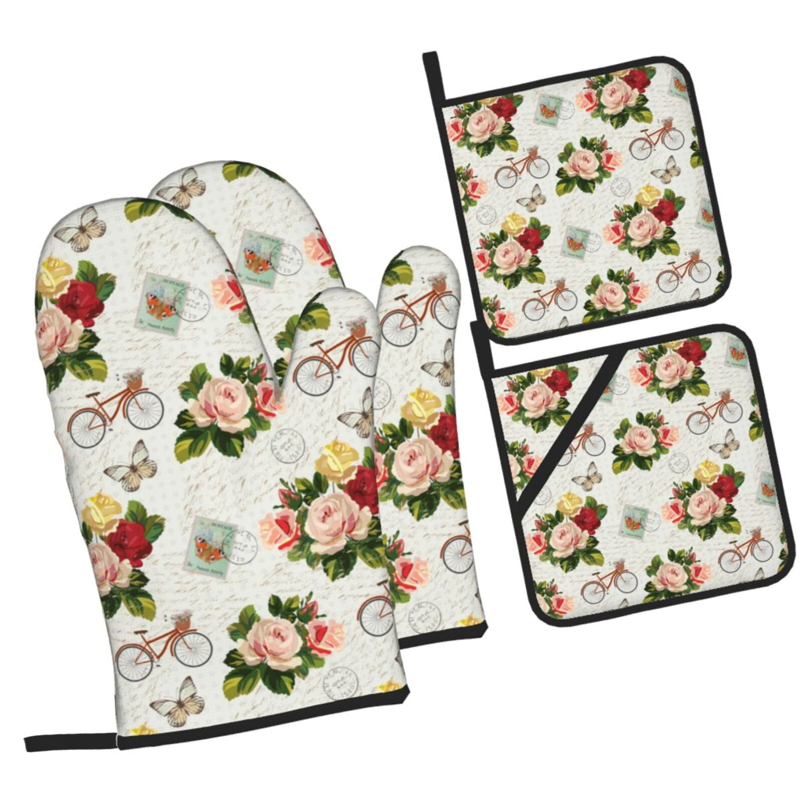Balery Vintage Bike Flower Butterfly Pattern Oven Mitts and Pot Holders ...