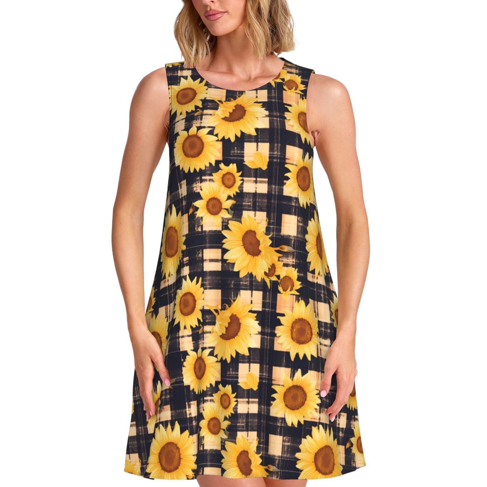 Balery Vintage Black White Plaid Sunflowe Pattern Women’s Summer ...