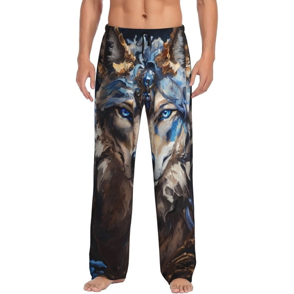 Balery Vintage Blue Floral Wolf print Men's Pajama Pants,Ultra ...