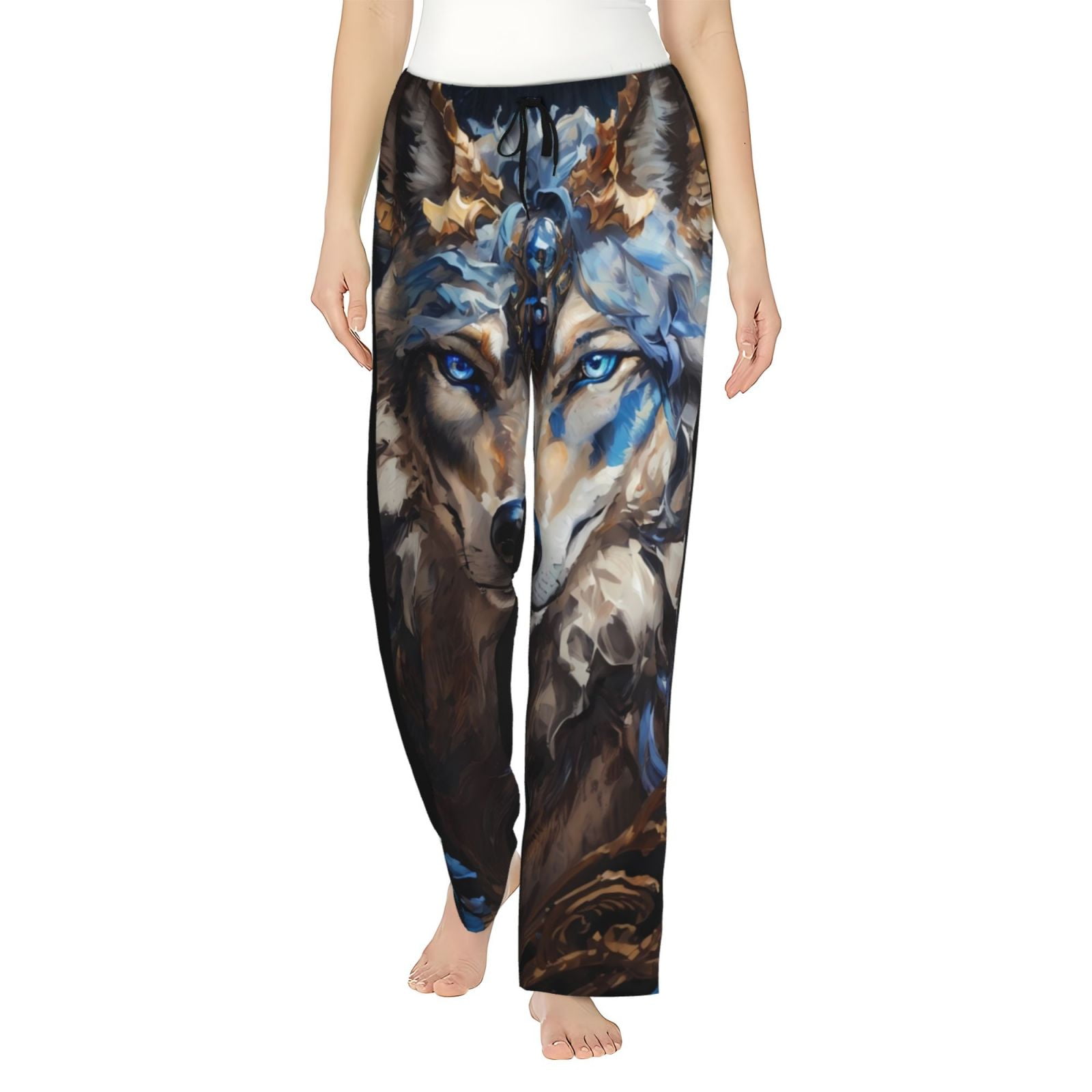 Balery Vintage Blue Floral Wolf print Women's Pajama Pants,Ultra ...