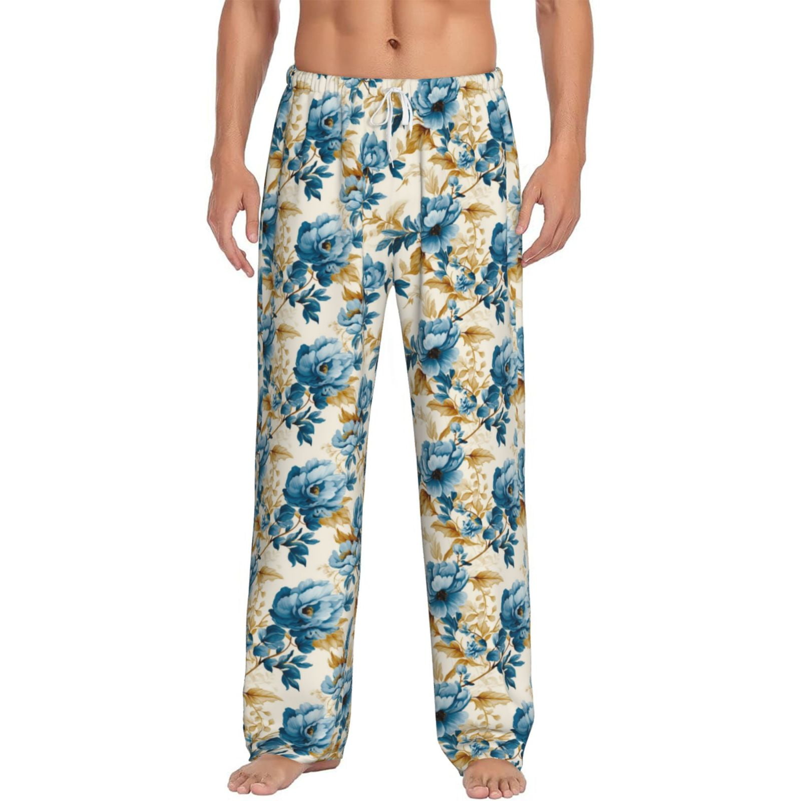 Balery Vintage Blue Flowers print Men's Pajama Pants,Ultra Lightweight ...