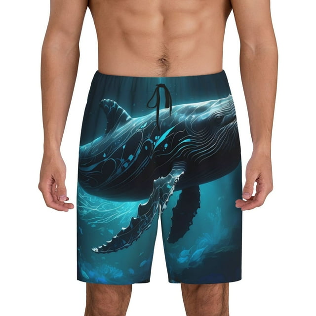 Balery Vintage Blue Pattern Whale Men's Cotton Knit Pajama Shorts Waistband & Pockets,Short ...