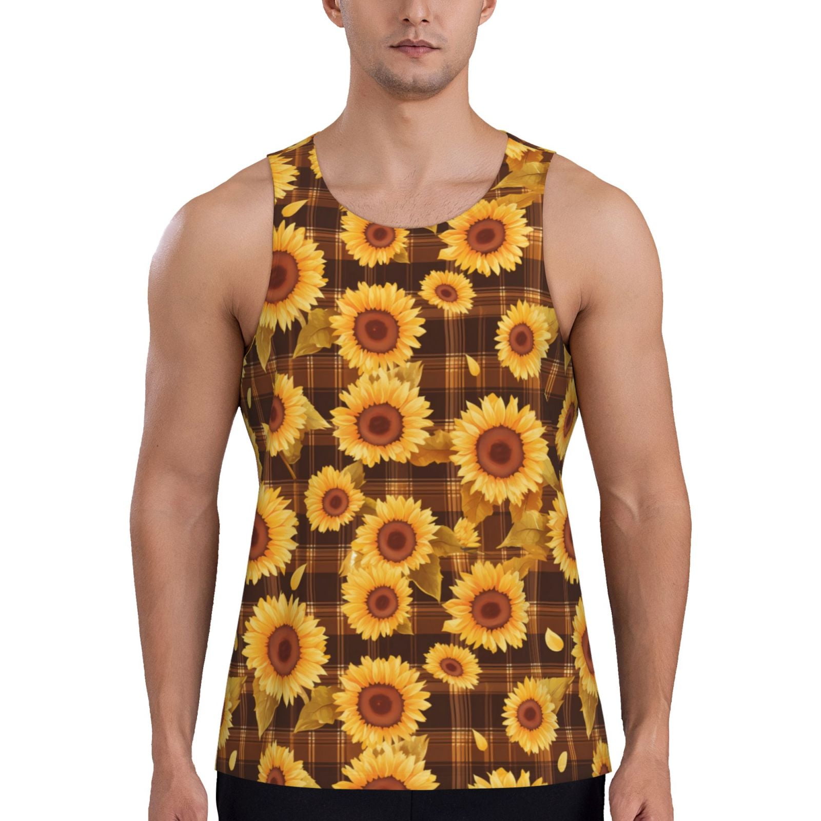 Balery Vintage Brown Plaid Sunflower Pattern Men's Workout Tank Top Gym ...