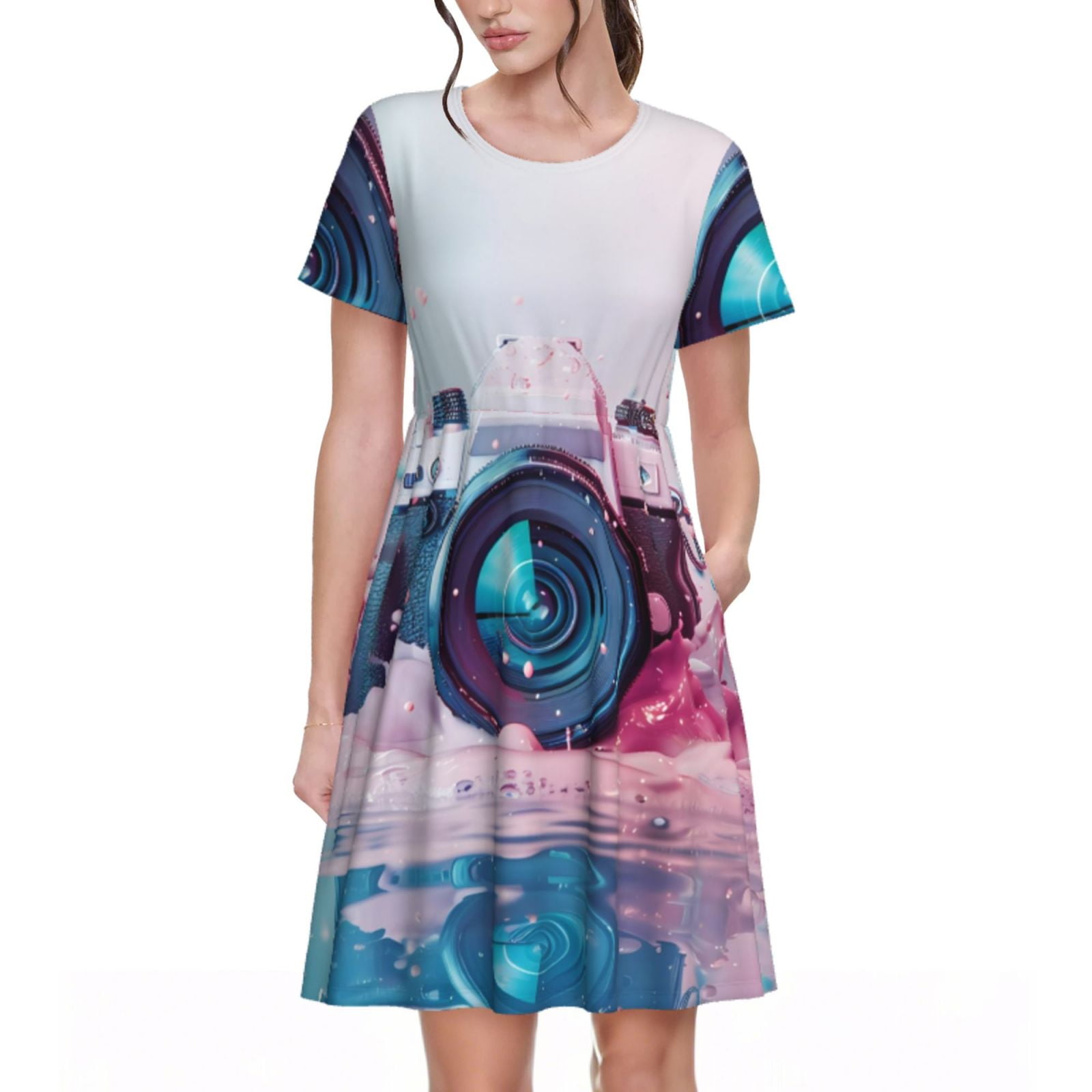 Balery Vintage Camera Splash Art Pattern Womens Dresses Loose Short ...