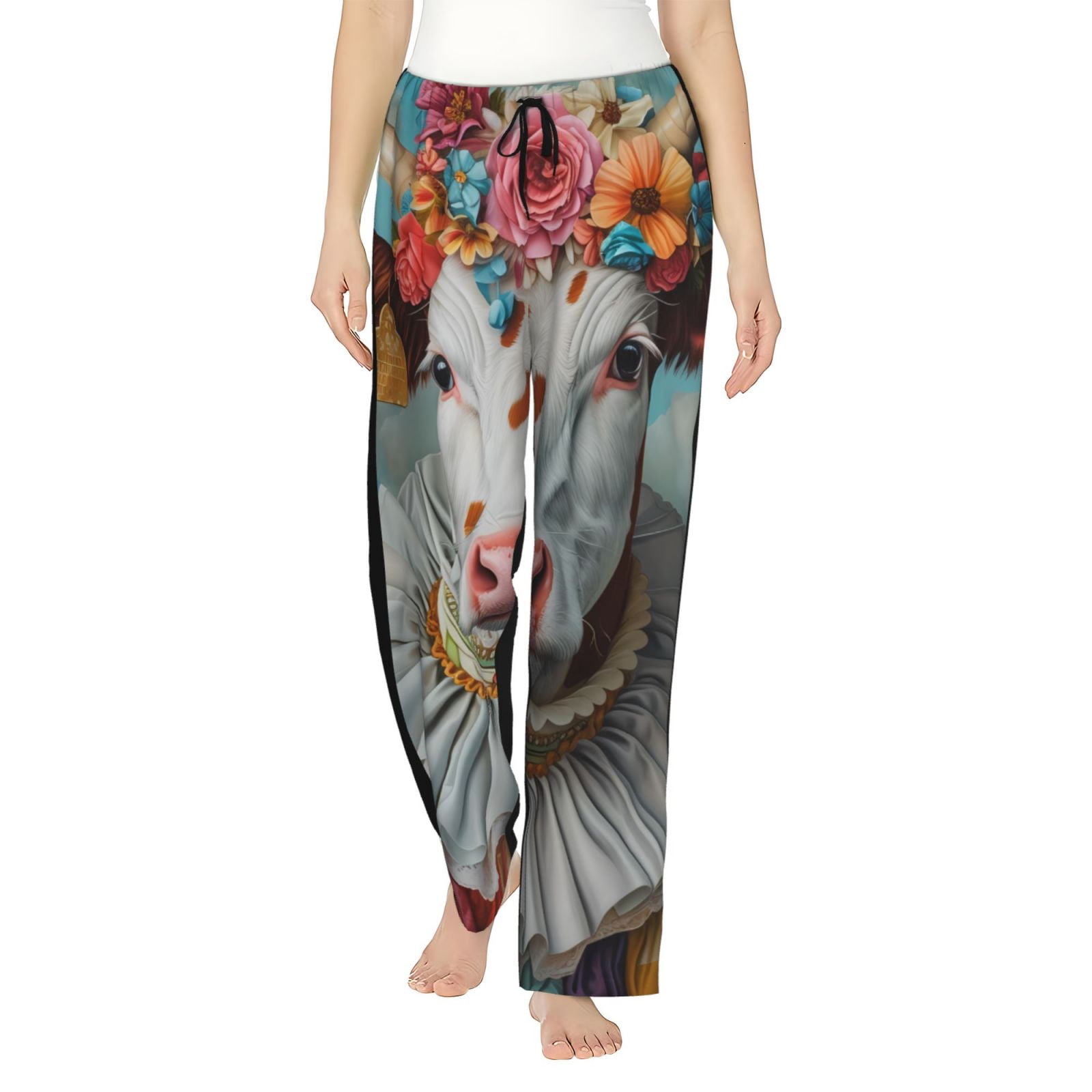 Balery Vintage Colorful Floral Cow print Women's Pajama Pants,Ultra ...