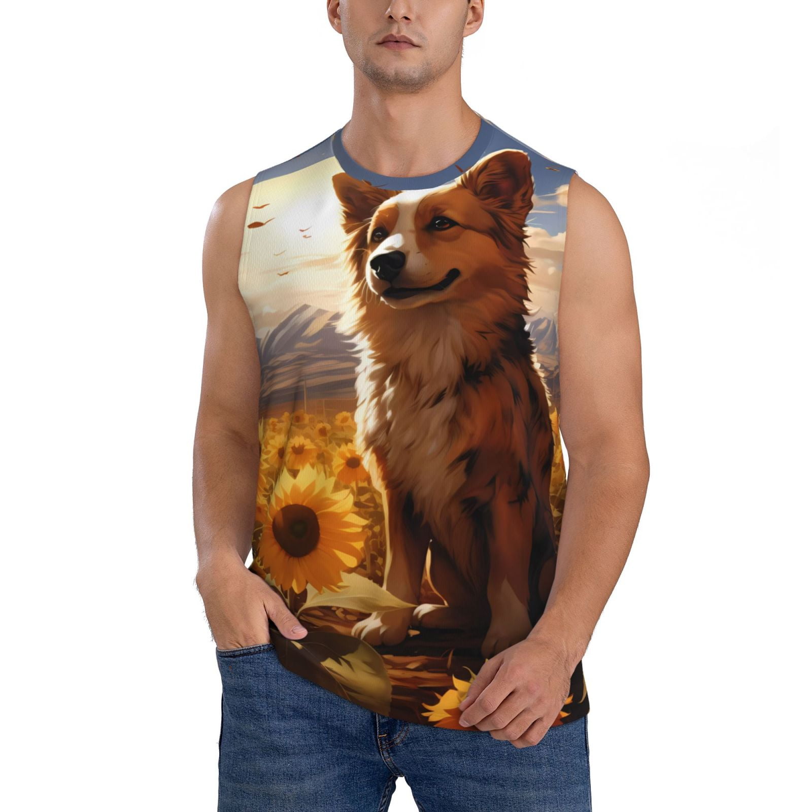 Balery Vintage Cute Corgi Sunflower Men's Sleeveless Muscle Shirts ...
