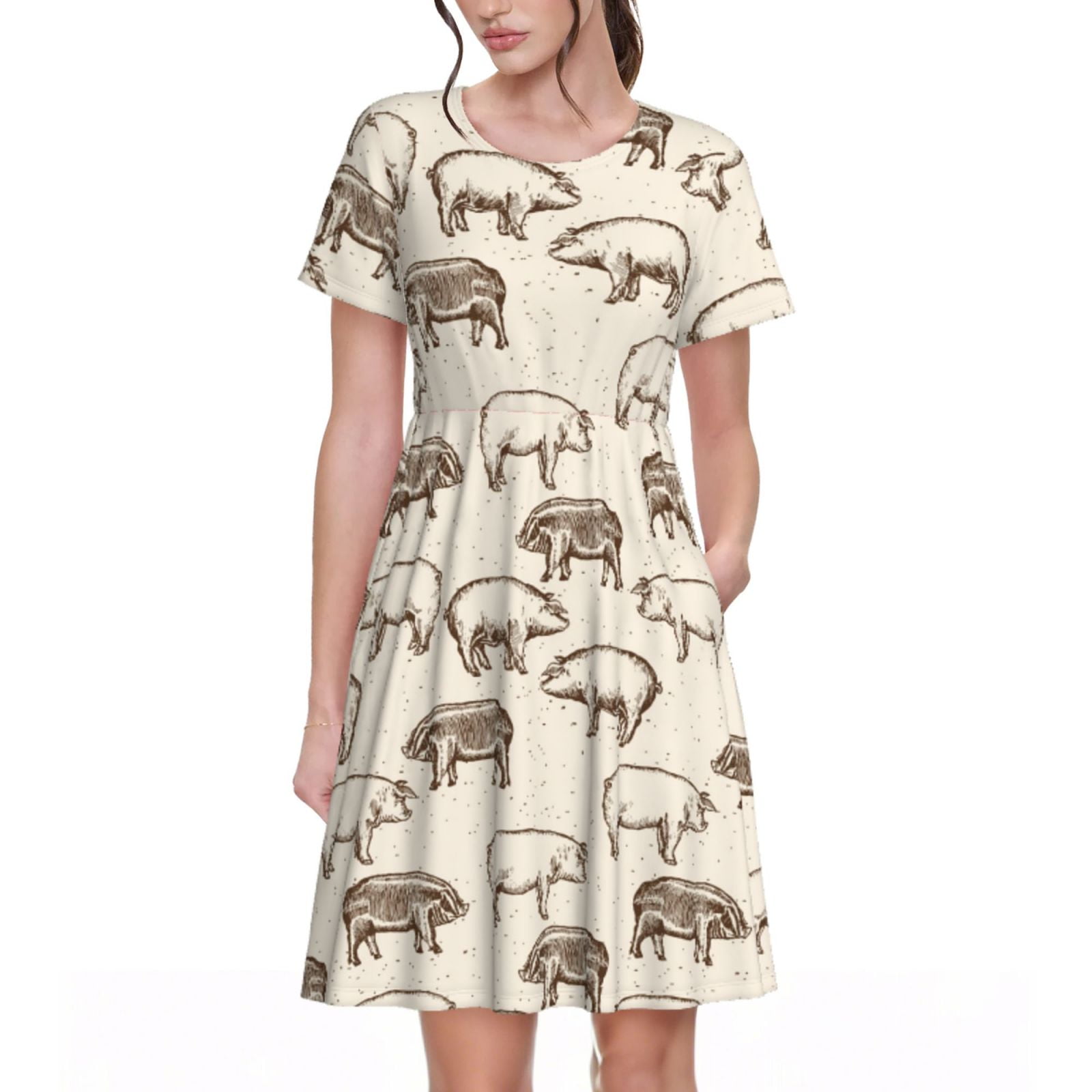 Balery Vintage Farm Pigs Pattern Womens Dresses Loose Short sleeve ...