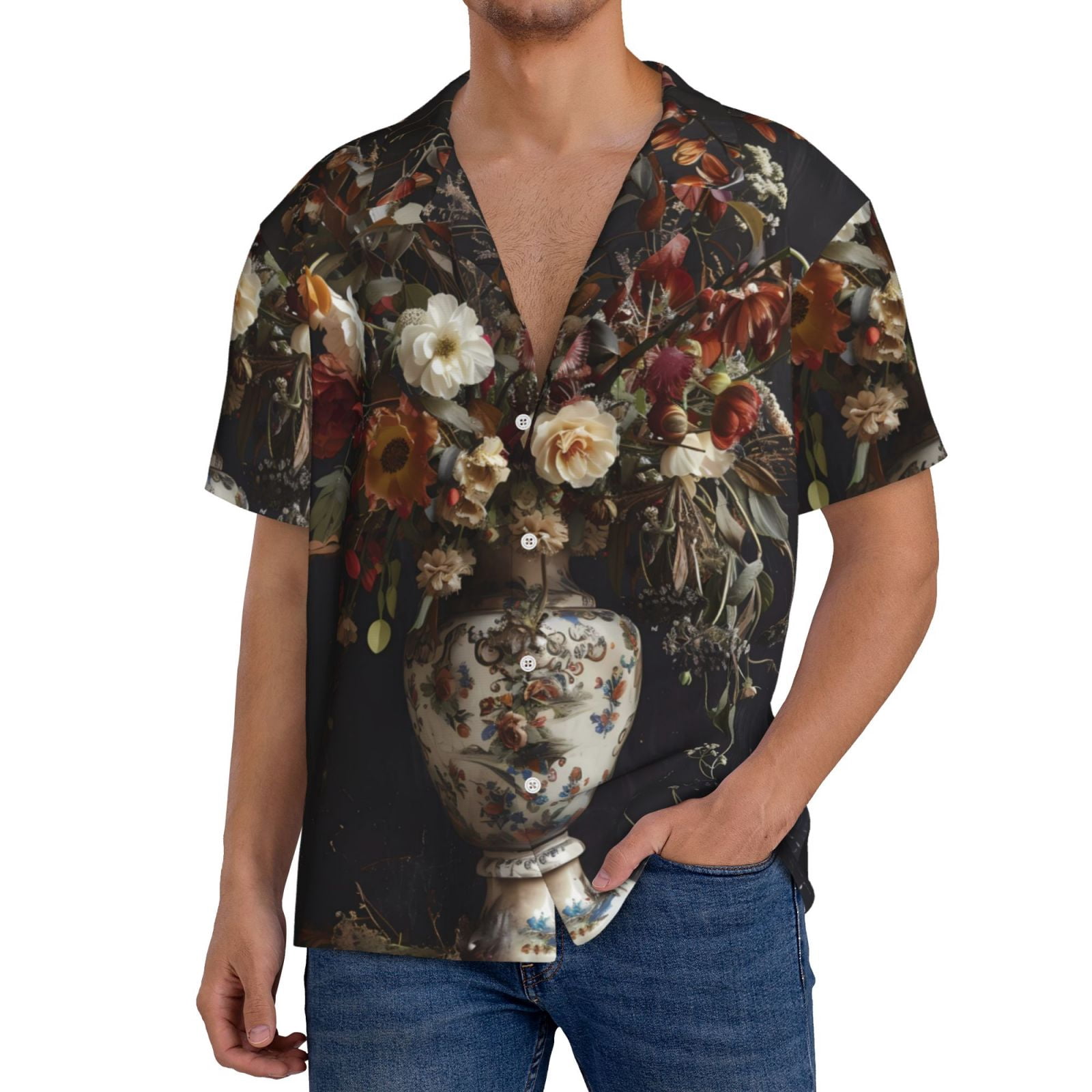 Balery Vintage Floral Vase A Men's Casual Button Down Shirt Short ...
