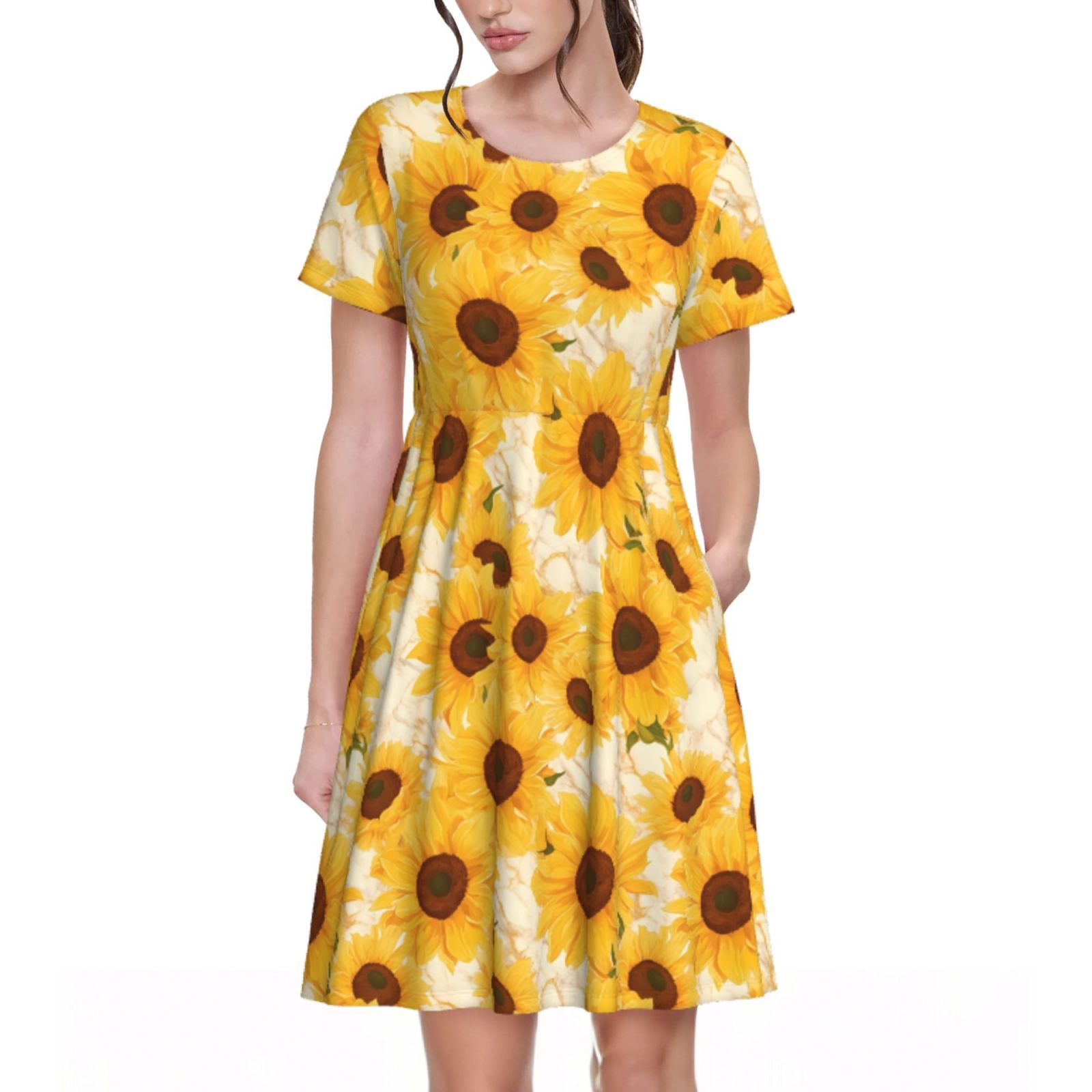 Balery Vintage Marble Pattern Sunflower Pattern Womens Dresses Loose ...