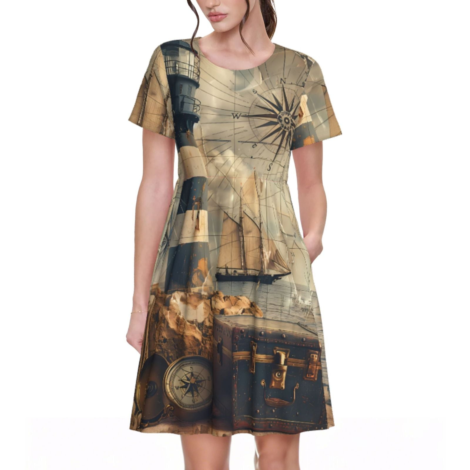 Balery Vintage Nautical Lighthouse Pattern Womens Dresses Loose Short ...