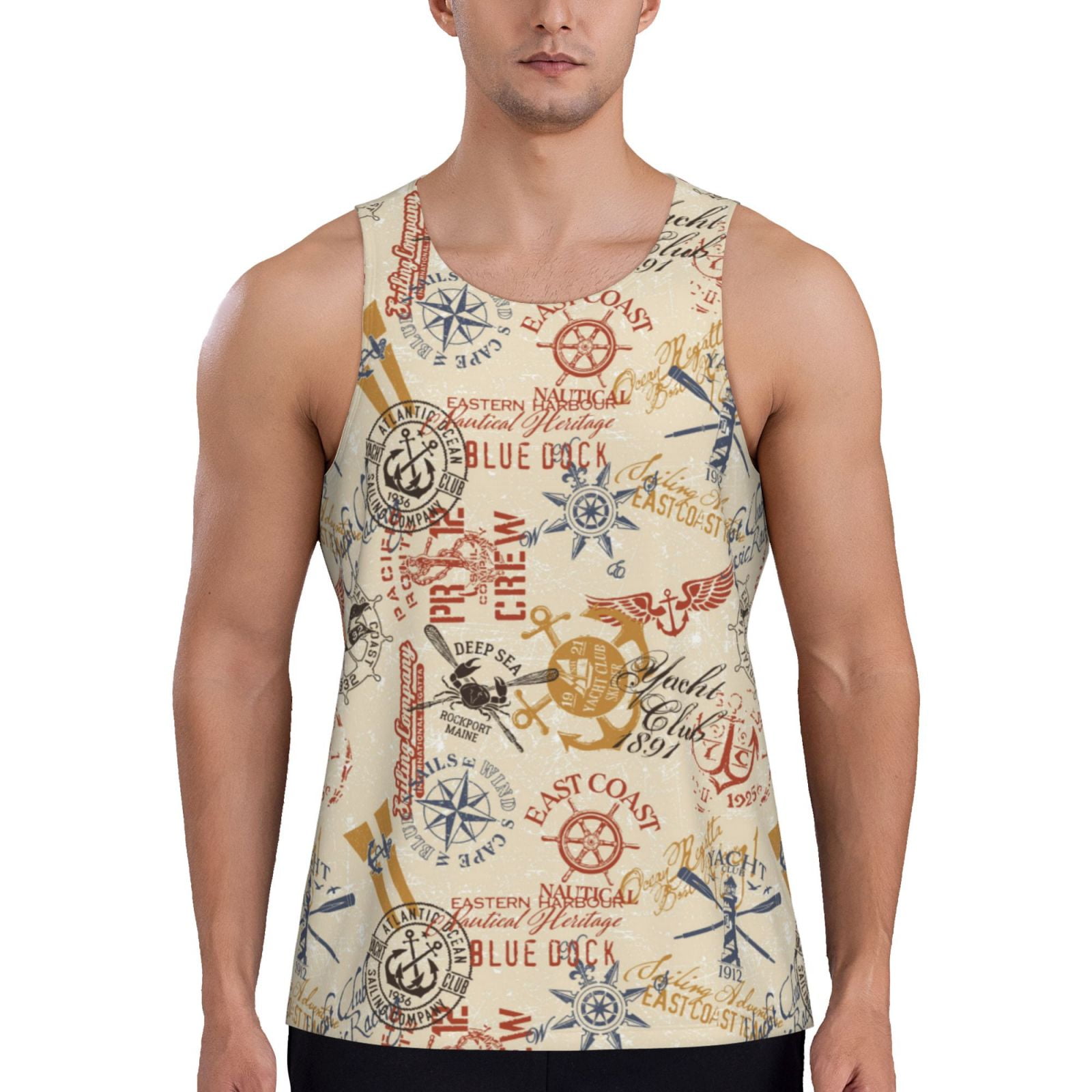 Balery Vintage Nautical Pattern Men's Workout Tank Top Gym Muscle Tee ...