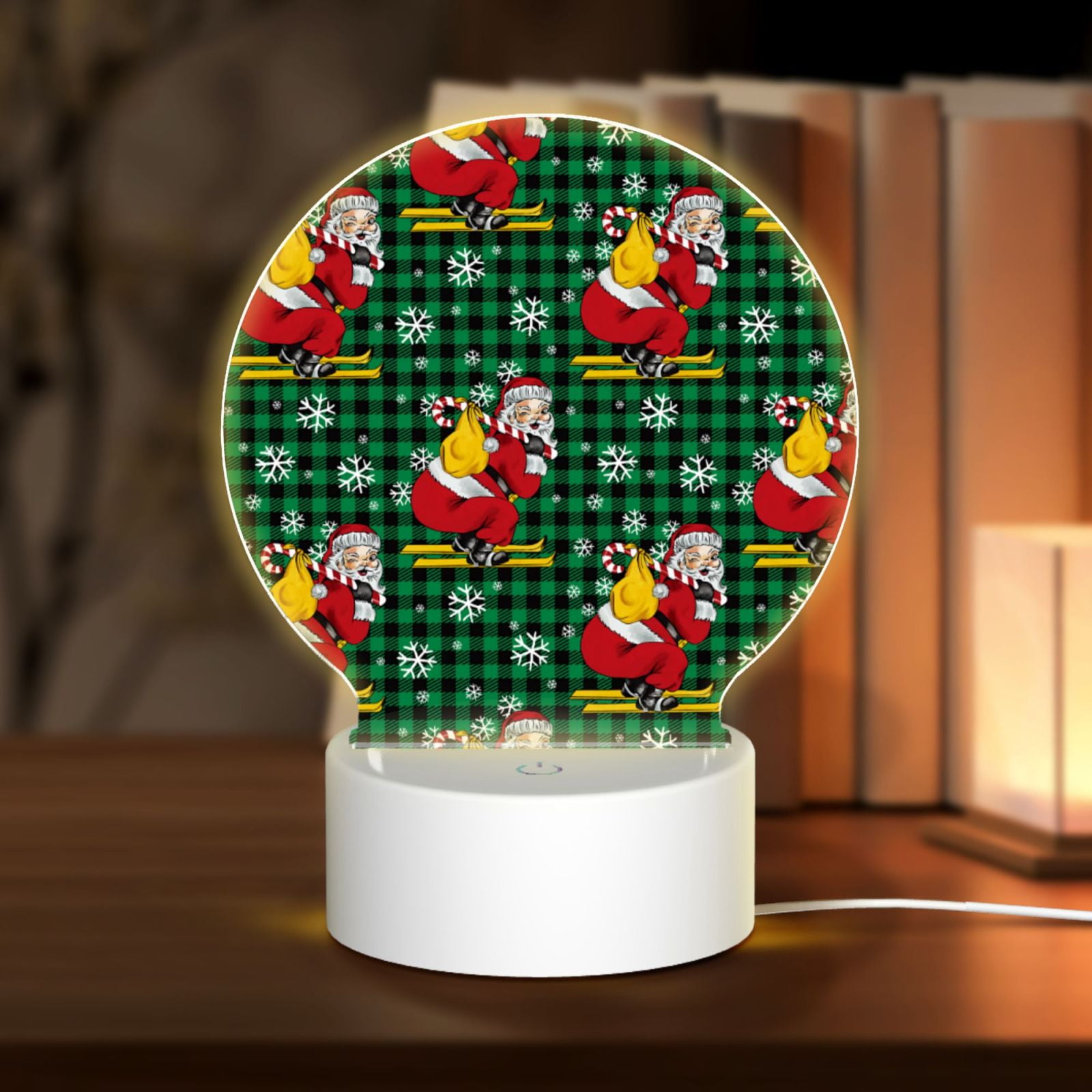Balery Vintage Santa Skiing Green Plaid Pattern Acrylic Night Light ...