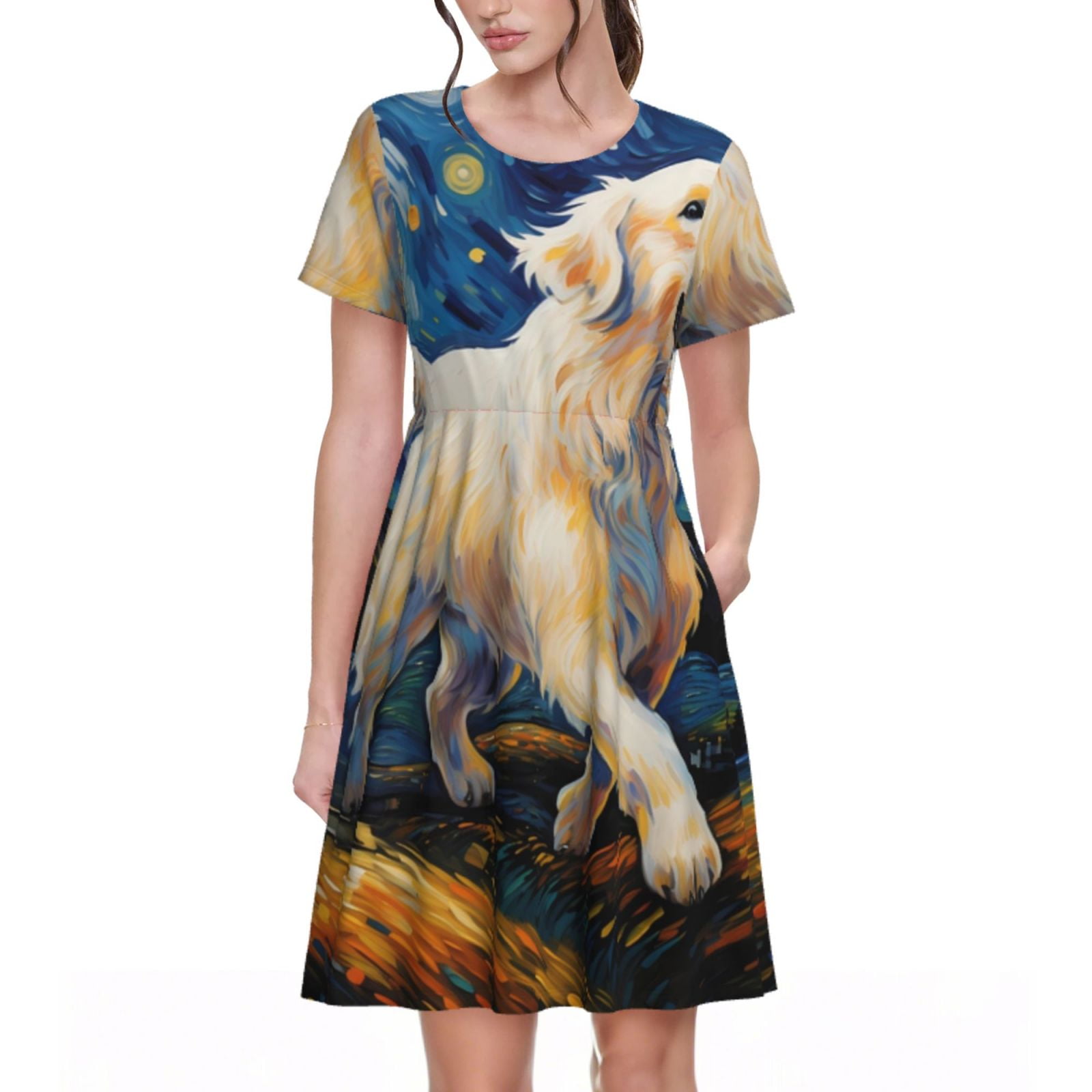 Balery Vintage Starry Sky Labrador Pattern Womens Dresses Loose Short ...
