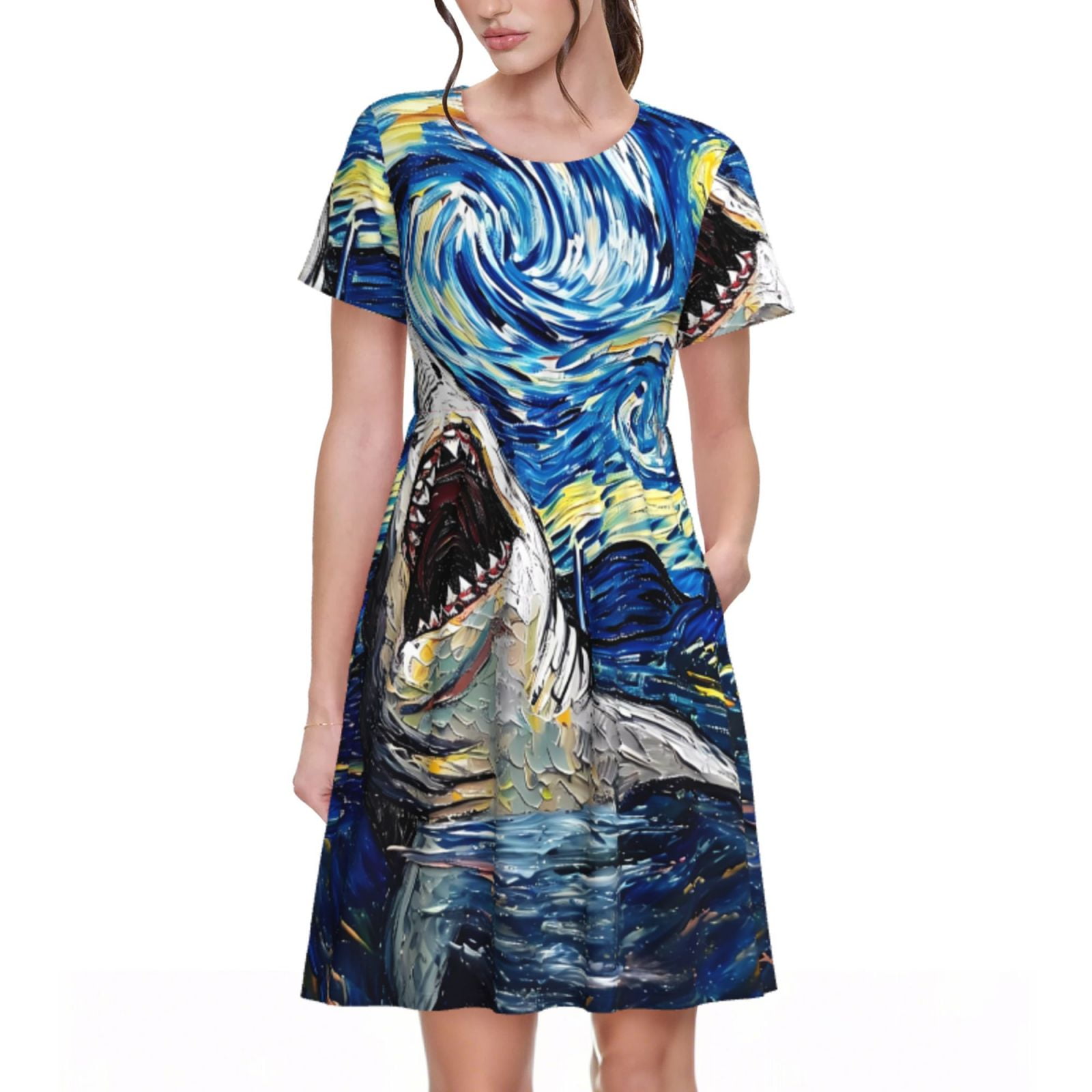 Balery Vintage Starry Sky Shark Pattern Womens Dresses Loose Short ...