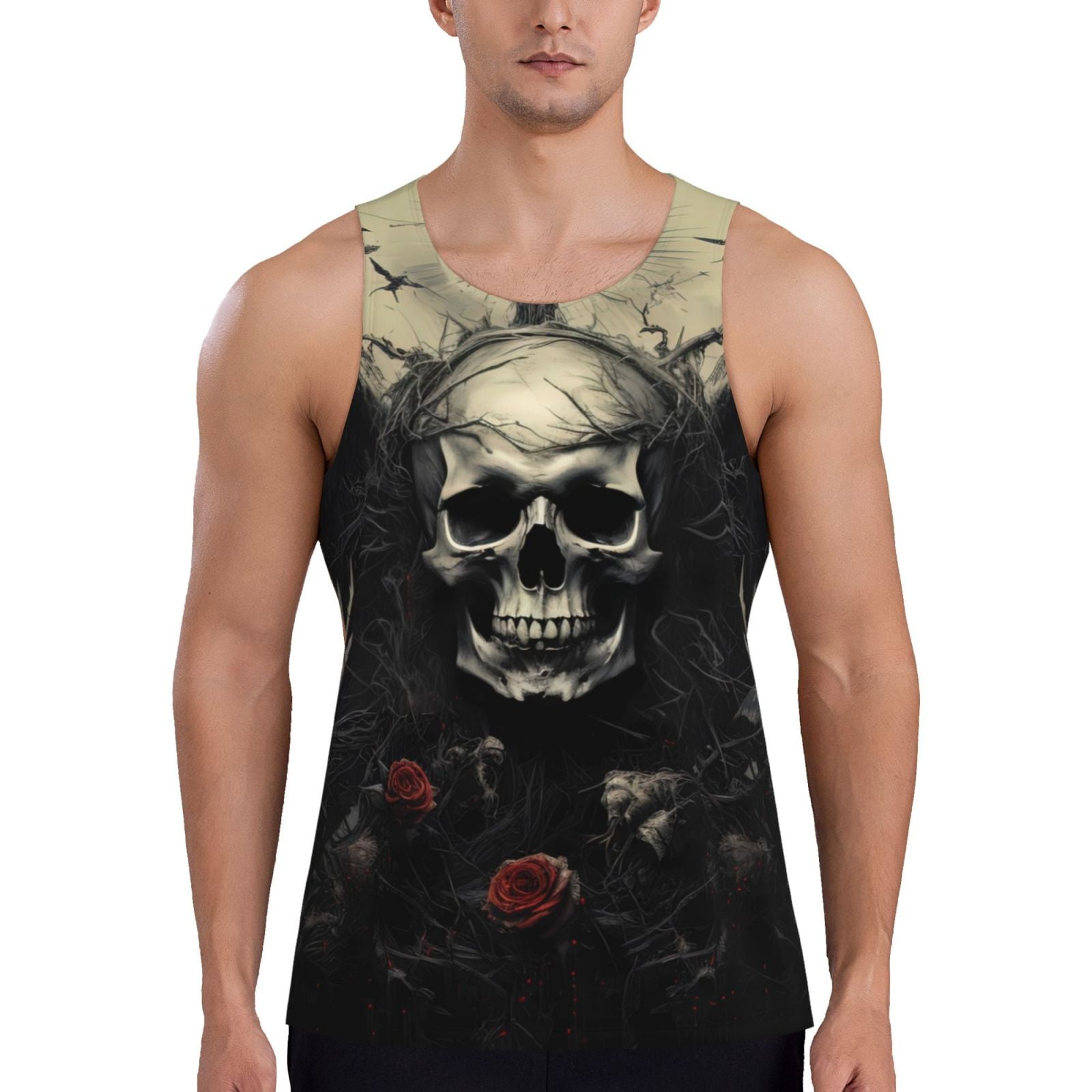 Balery Vintage Winged Rose Skull Pattern Men's Workout Tank Top Gym ...