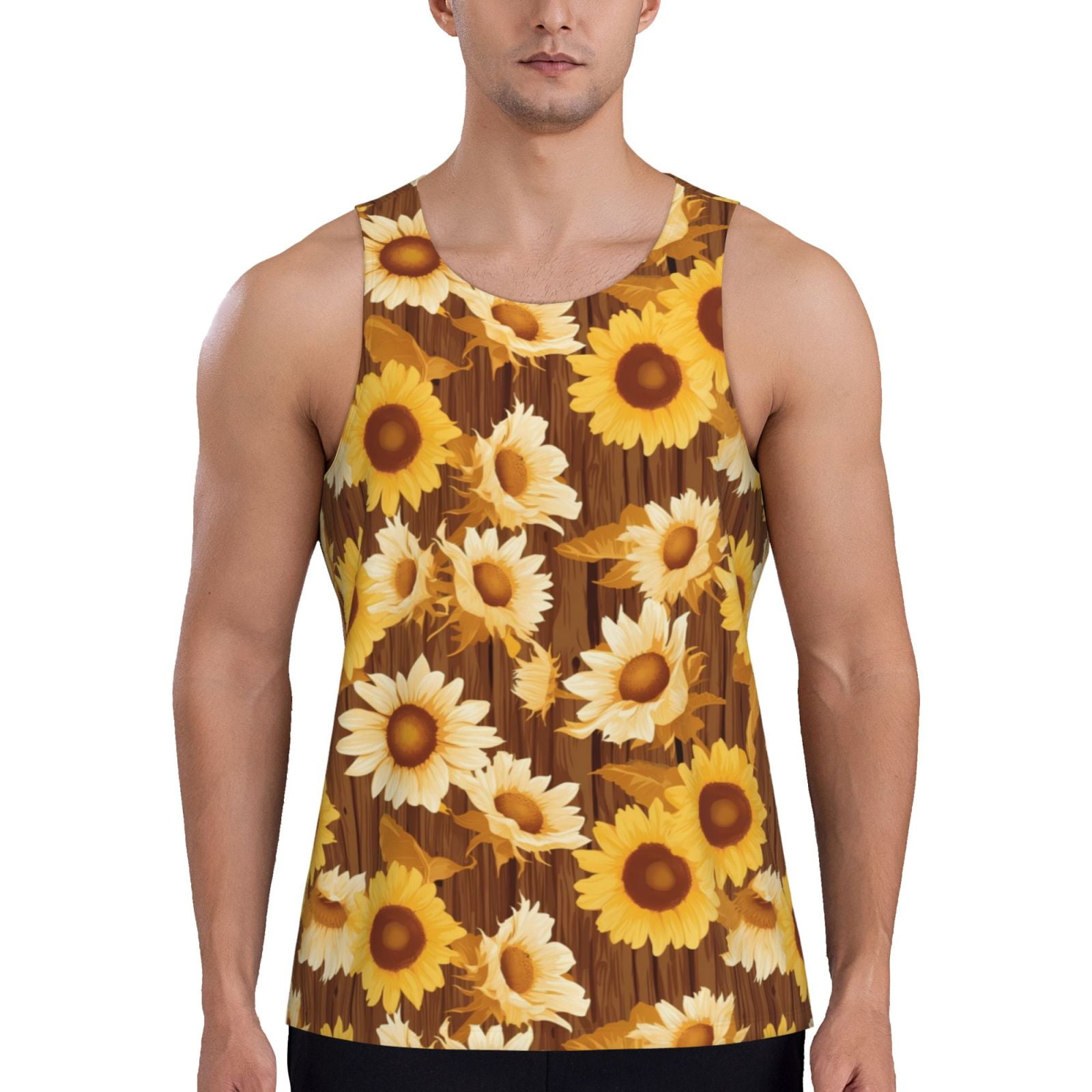 Balery Vintage Wood Grain Sunflower B Pattern Men's Workout Tank Top ...