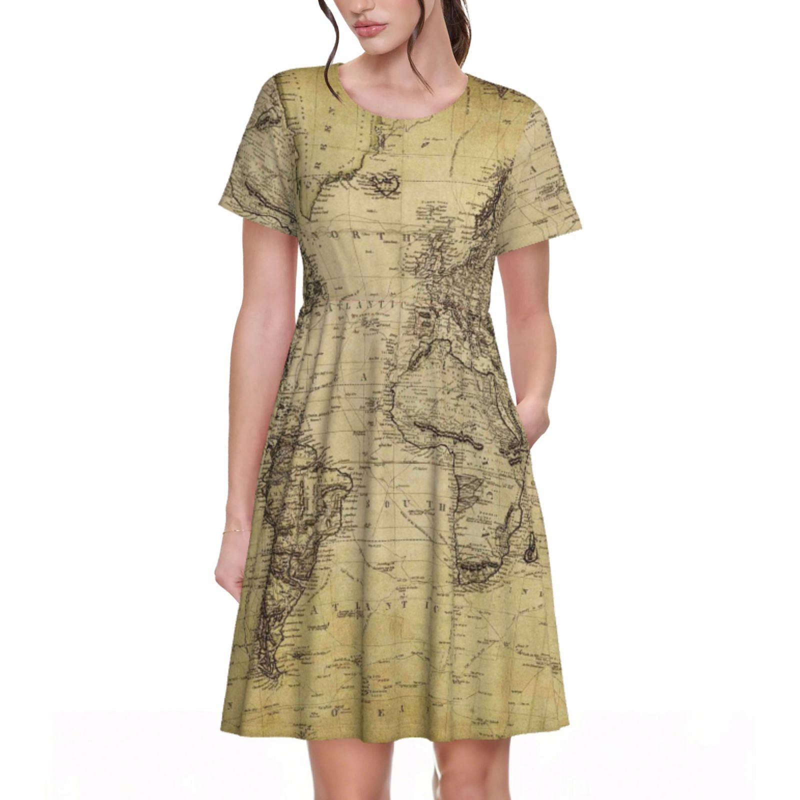 Balery Vintage World Map Pattern Womens Dresses Loose Short sleeve ...