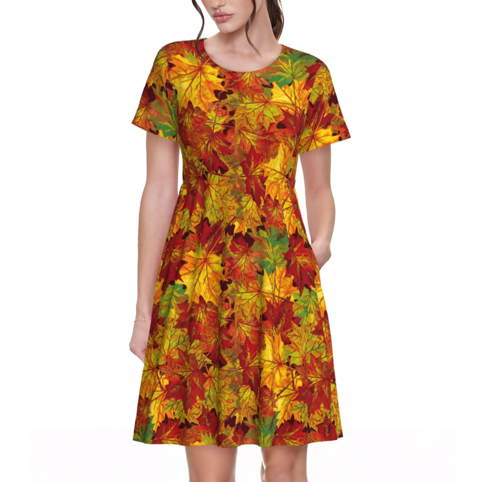 Balery Vintage maple leaf autumn Pattern Womens Dresses Loose Short ...