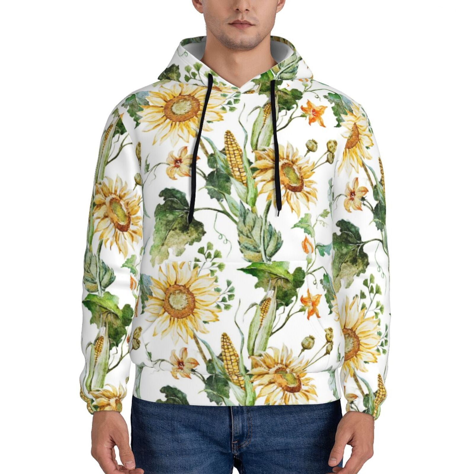 Balery Watercolor Bright Sunflowers Pattern Mens Hoodie Kangaroo Pocket ...