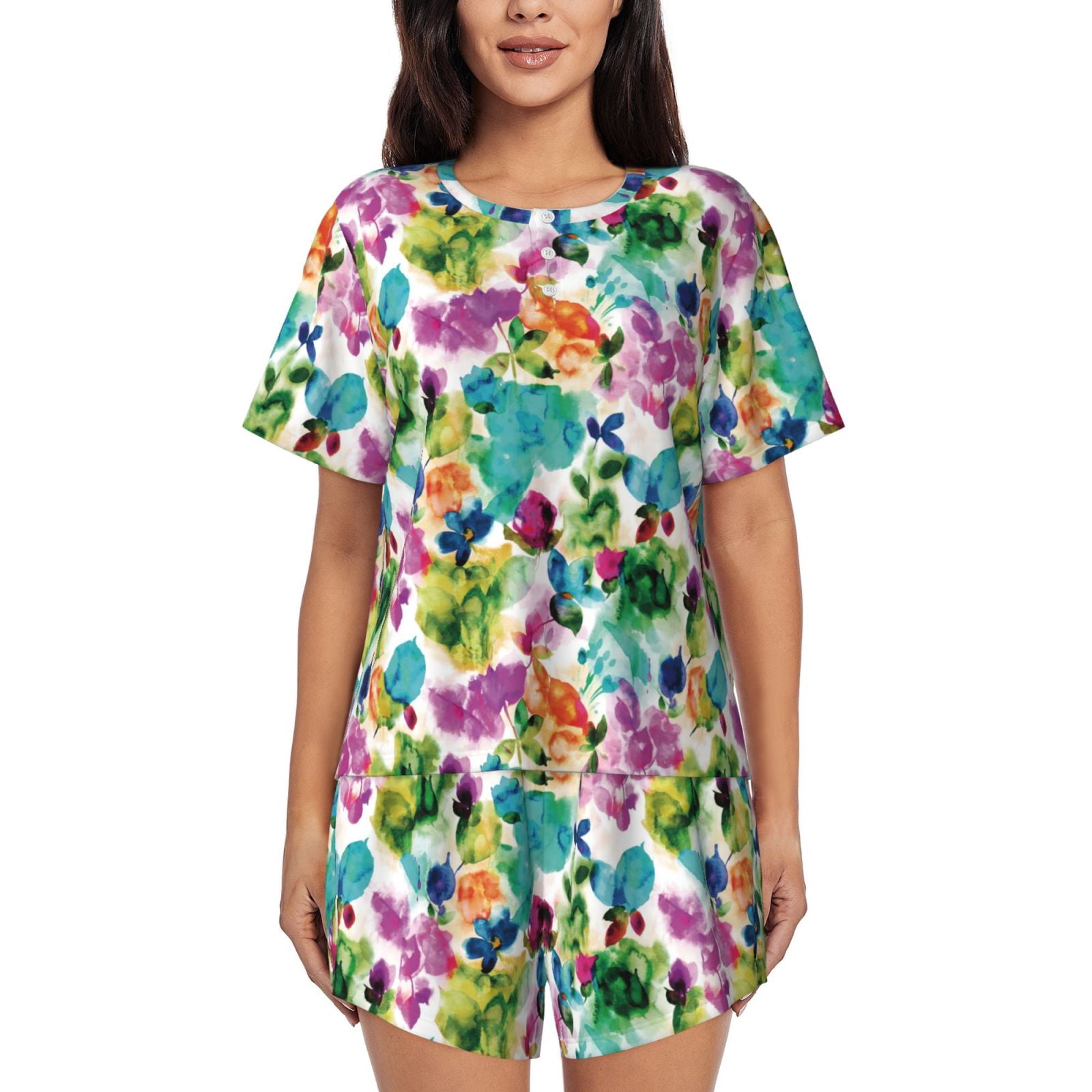 Balery Watercolor Flowers Pattern Womens Pajama Sets 2 Piece Soft Short ...
