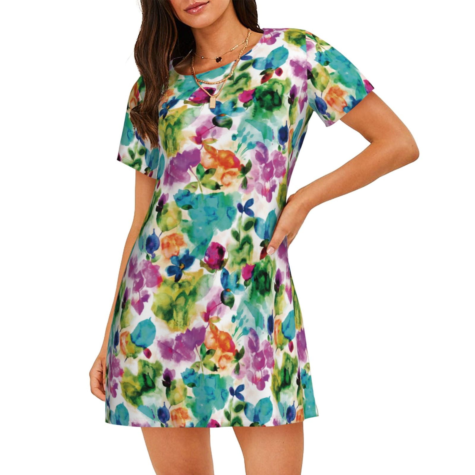 Balery Watercolor Flowers Pattern Womens Short Sleeve Sleepshirt ...