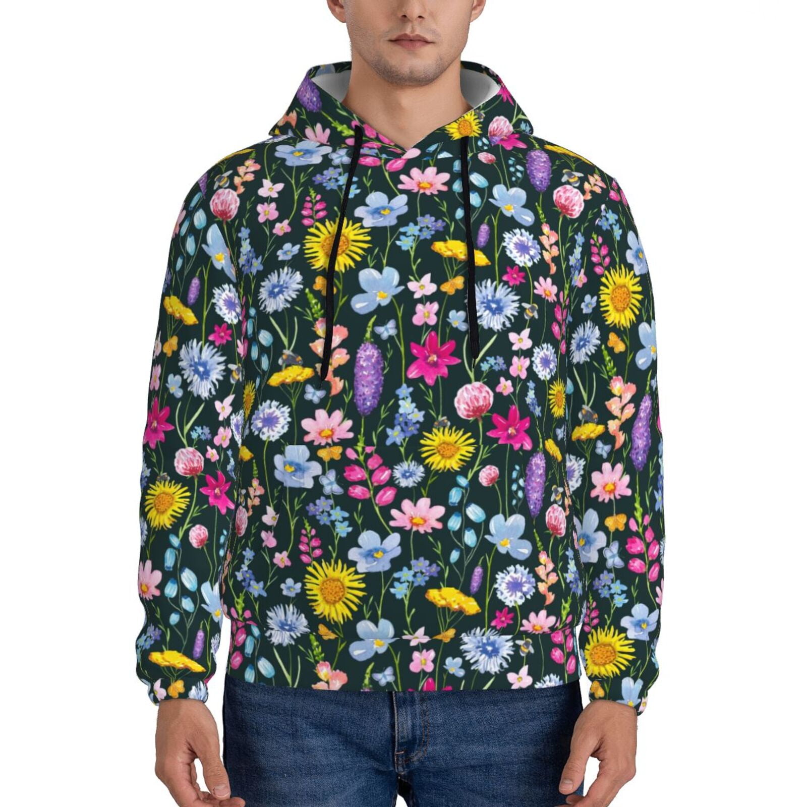 Balery Watercolor Meadow Flowers Pattern Mens Hoodie Kangaroo Pocket ...