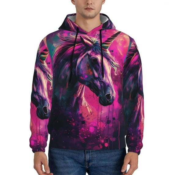 Balery Watercolor Painting White Horse Pattern Mens Hoodie Kangaroo ...