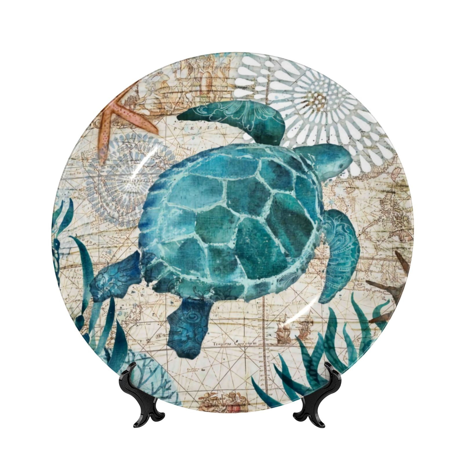 Balery Watercolor Sea Turtle Print Bone China Decorative Plate Ceramic ...