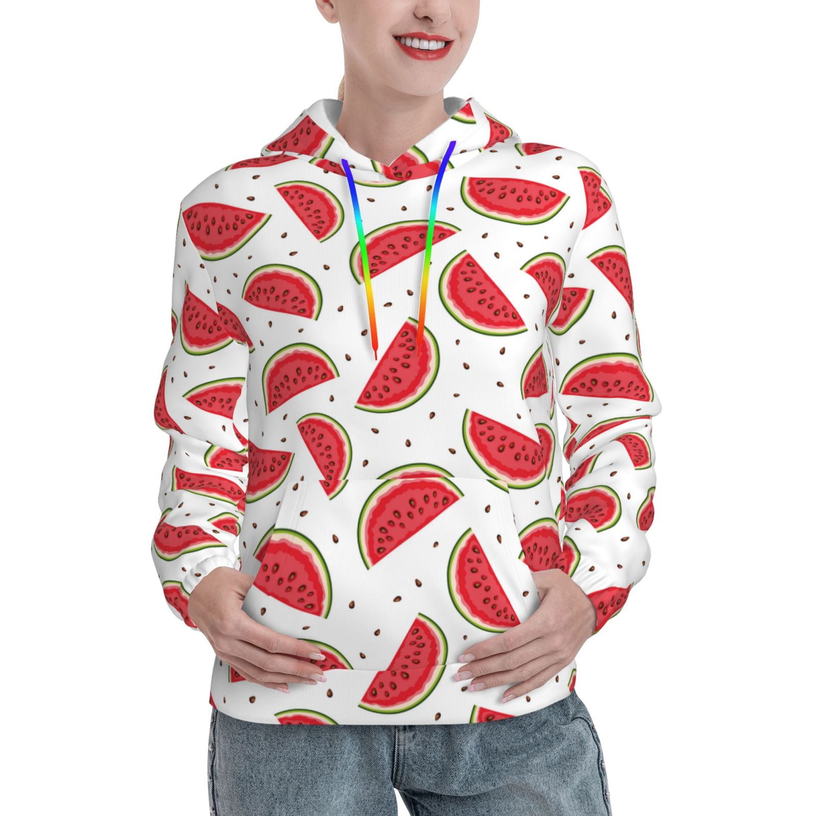 Balery Watermelon Pattern Womens Long Sleeve Hoodie, Pullover Hooded ...