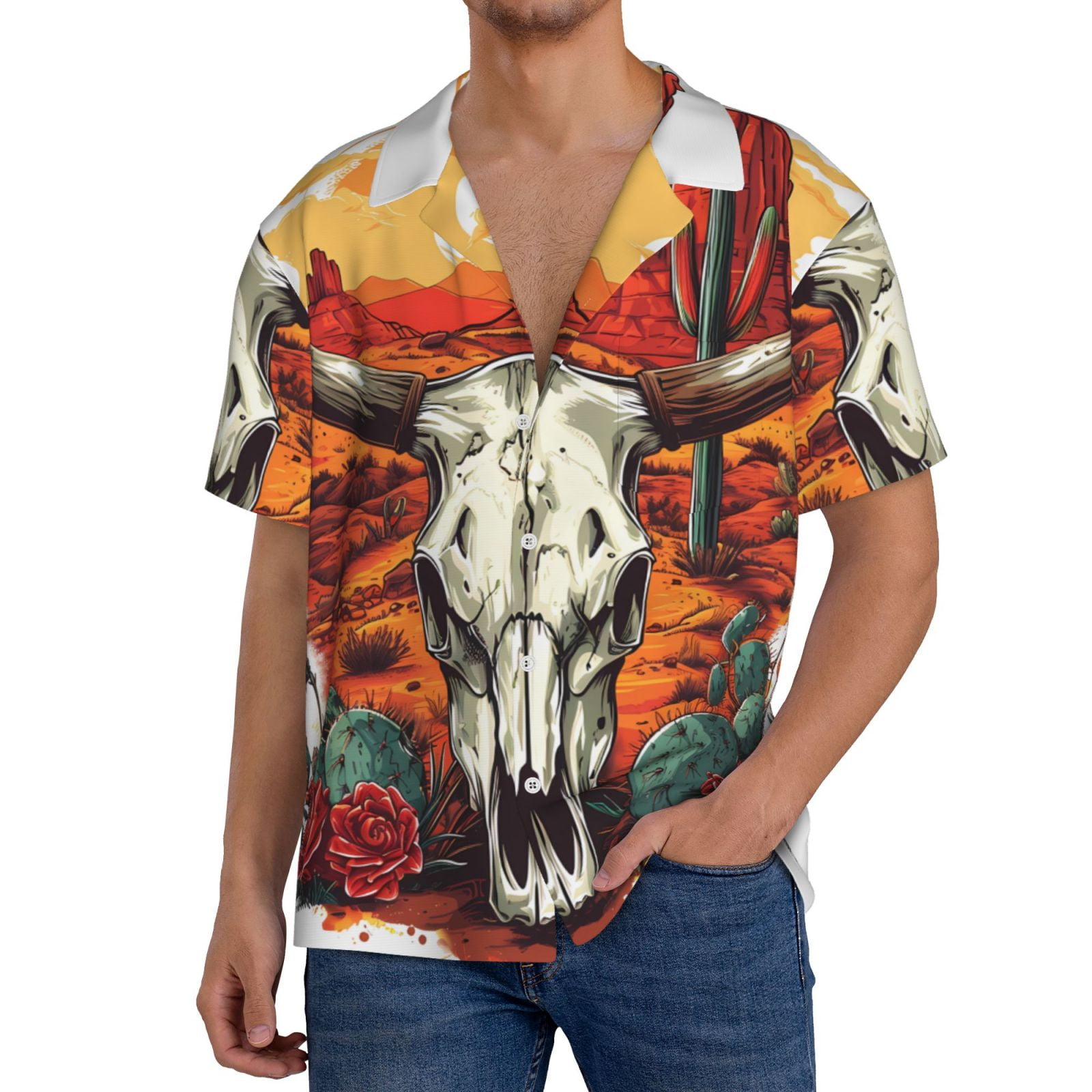 Balery Western Desert Cactus Ram Skull Men's Casual Button Down Shirt ...