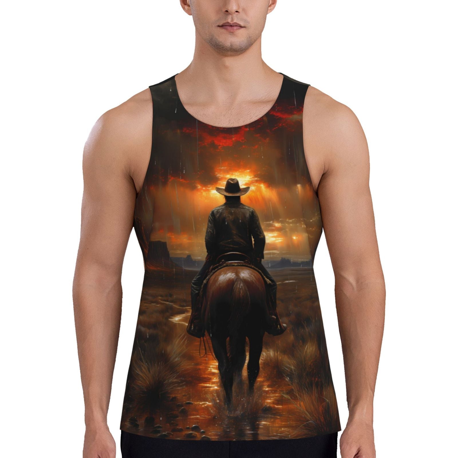 Balery Western Rainy Desert Cowboy Pattern Men's Workout Tank Top Gym ...