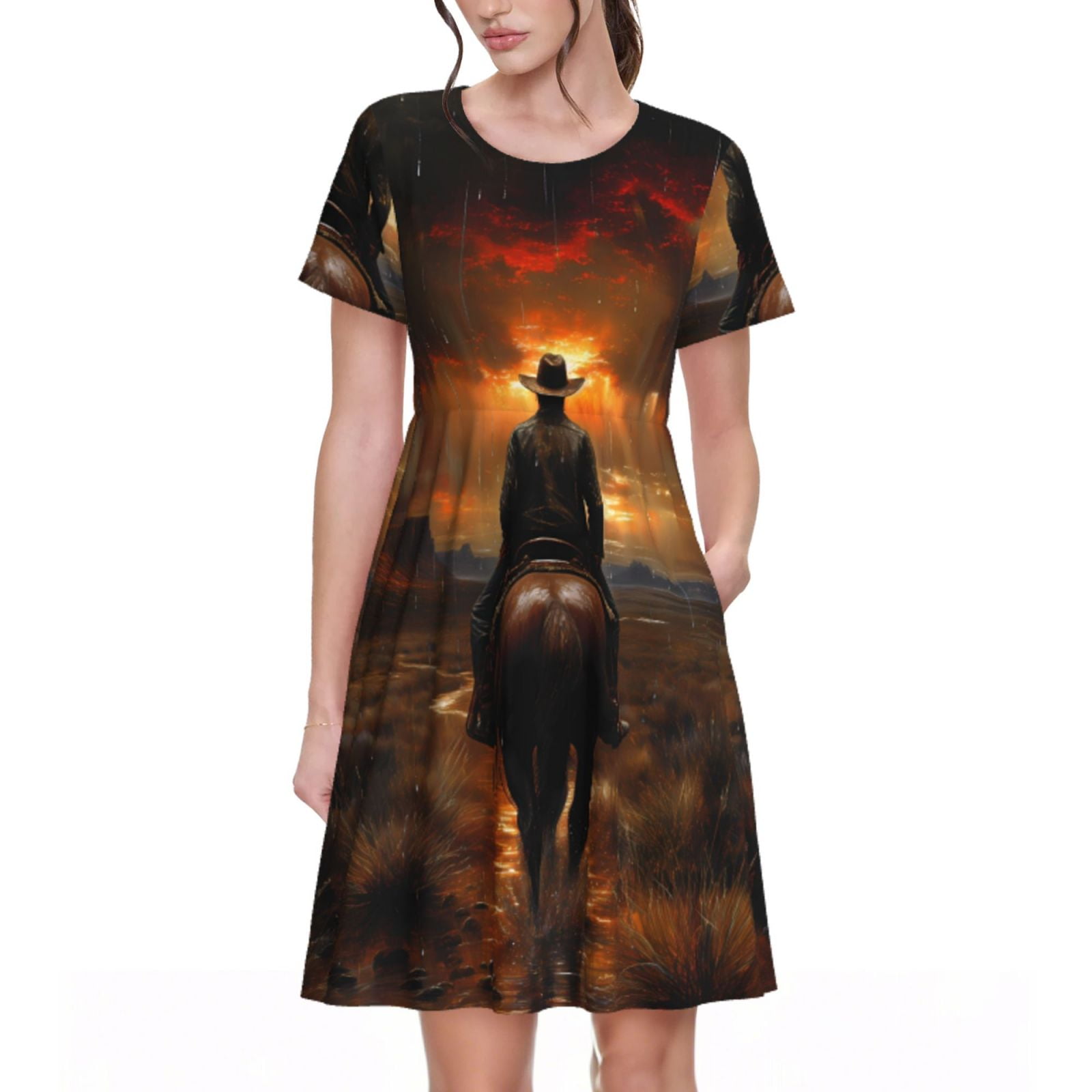 Balery Western Rainy Desert Cowboy Pattern Womens Dresses Loose Short ...