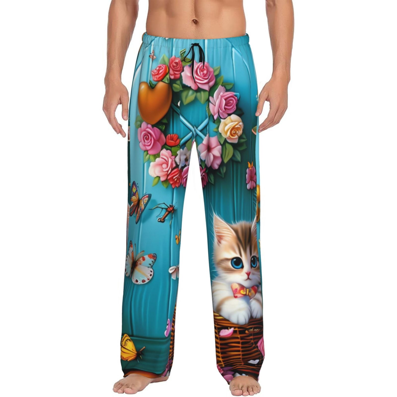 Balery Whimsical Cats and Flowers Scene print Men's Pajama Pants,Ultra ...
