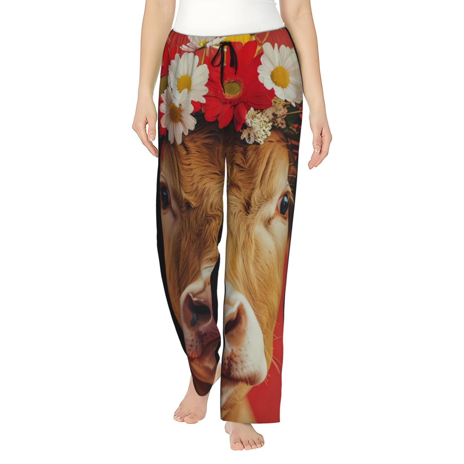 Balery White And Red Daisy Cow print Women's Pajama Pants,Ultra ...