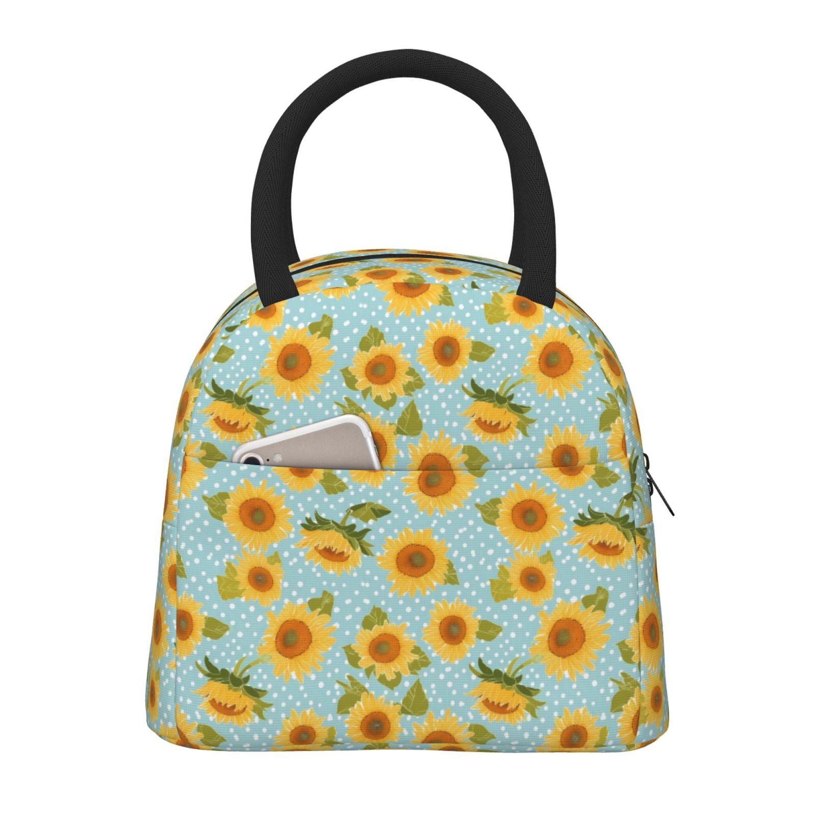 Balery White Polka Dot Sunflower A Pattern Lunch Bag Women, Lunch Box ...