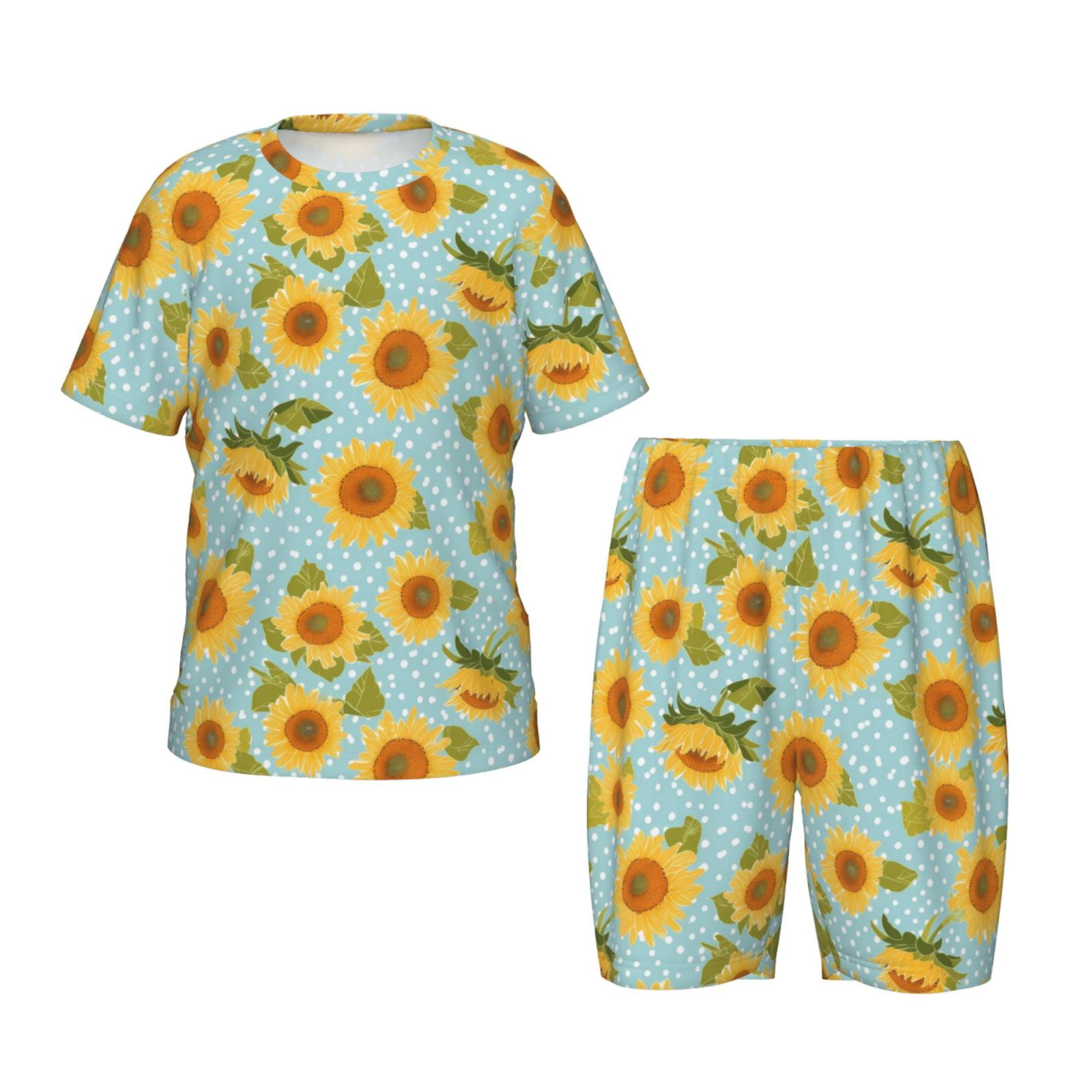 Balery White Polka Dot Sunflower A Pattern Kids’ Short-Sleeved Pajama Set – Soft Cotton ...