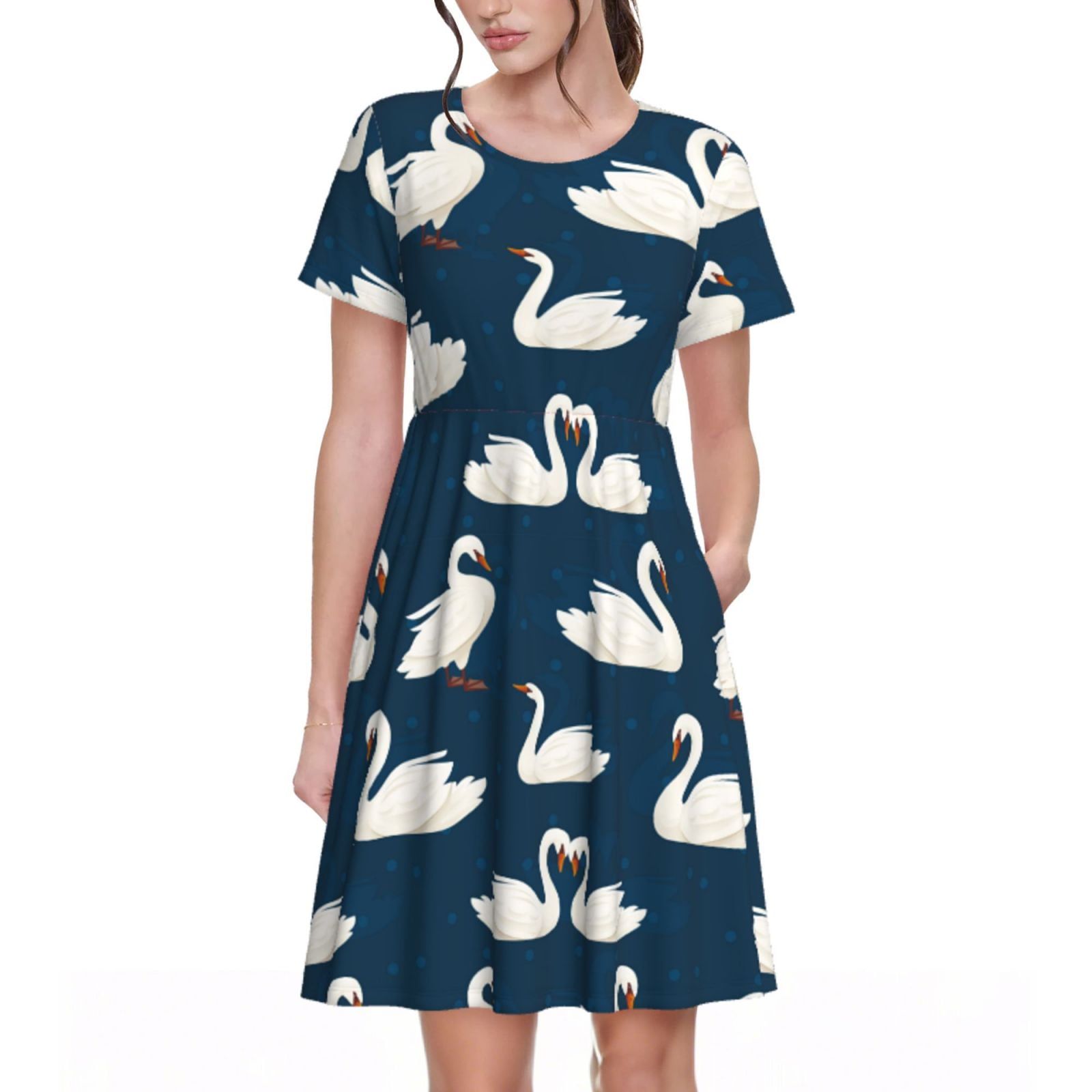 Balery White Swam Pattern Womens Dresses Loose Short sleeve Sundresses ...