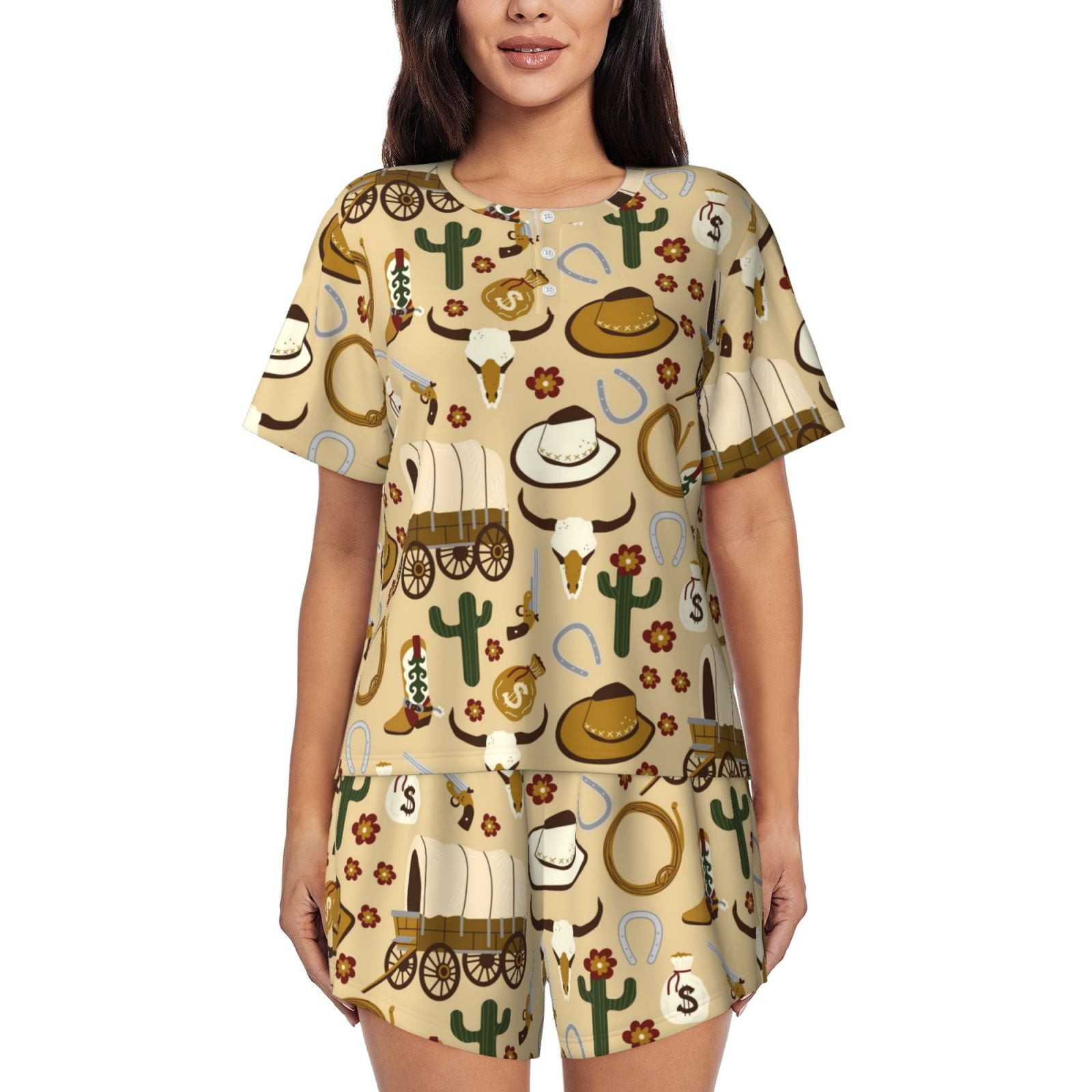 Balery Wild West Cowboy Pattern Womens Pajama Sets 2 Piece Soft Short ...