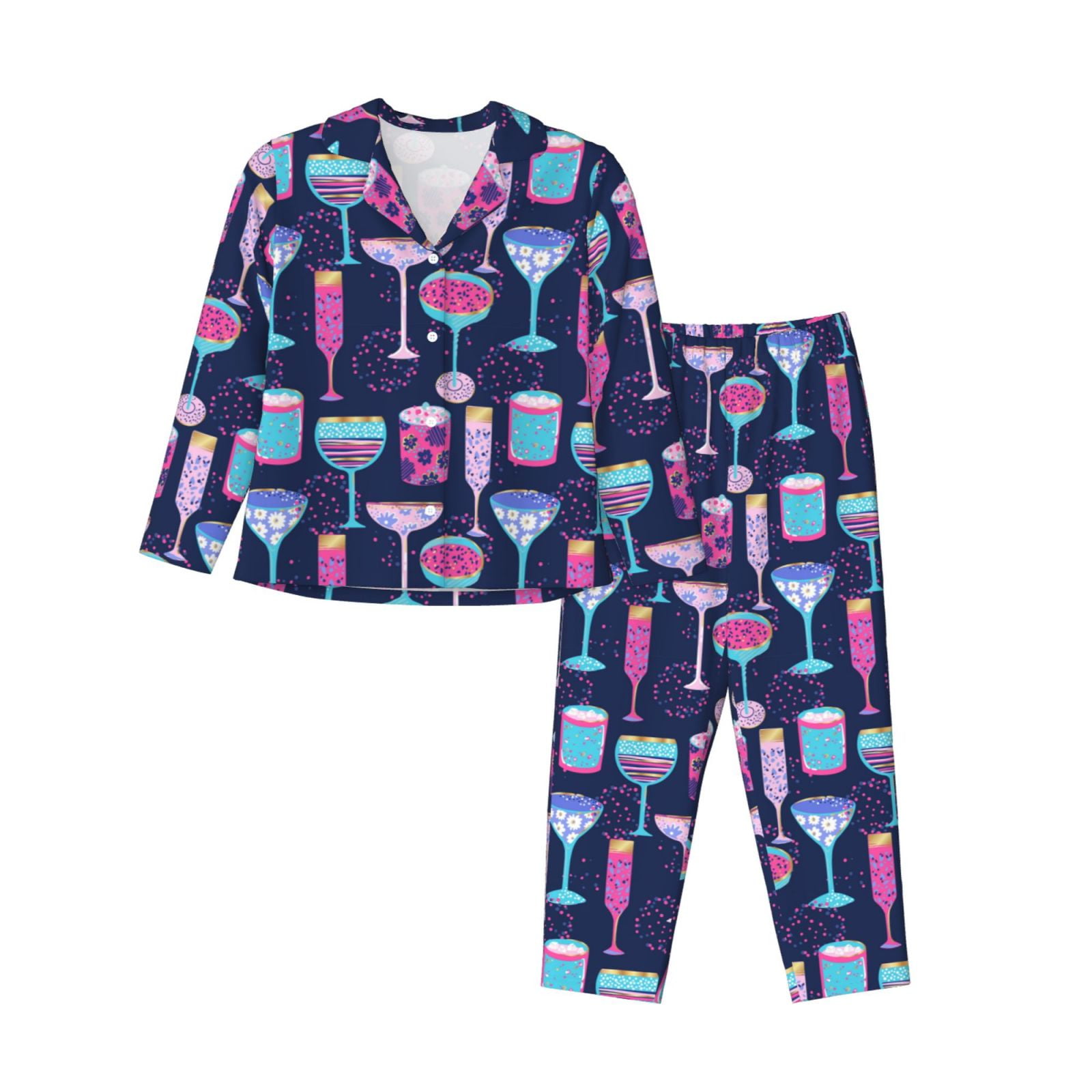Balery Wine Glasses And Cocktails Pattern Pajama Sets for Women Long ...