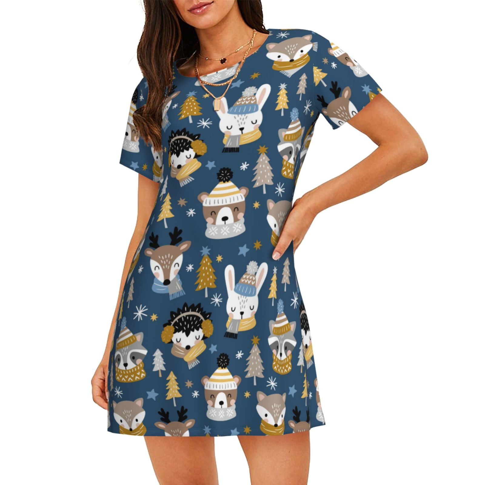 Balery Winter Animal Friends Pattern Womens Short Sleeve Sleepshirt ...