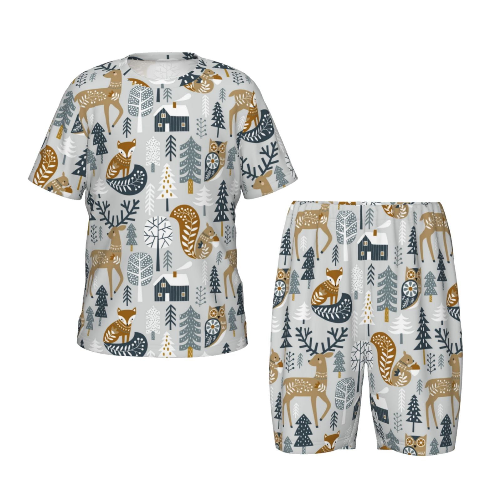 Balery Winter Forest Animals Pattern Kids’ Short-Sleeved Pajama Set – Soft Cotton Sleepwear ...