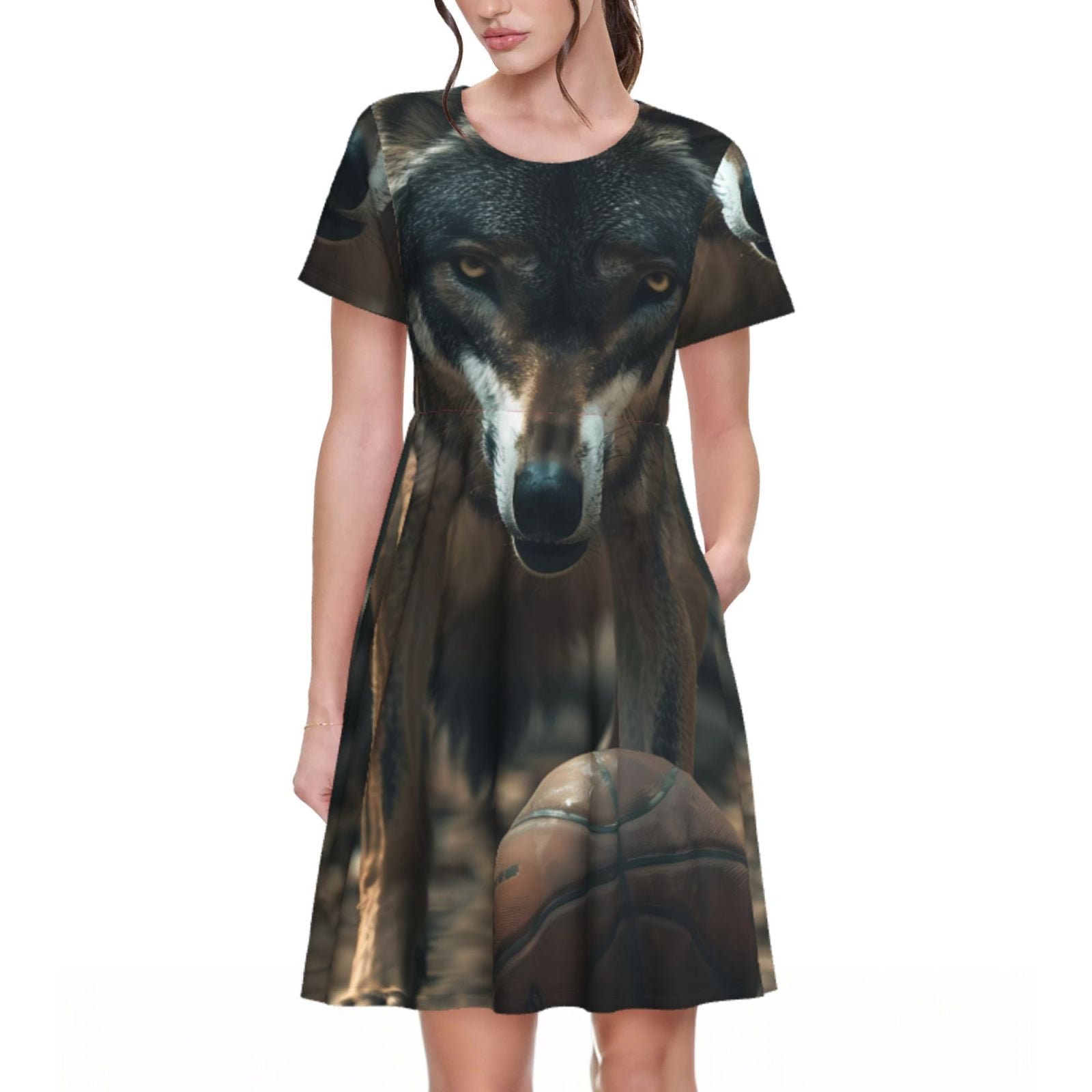 Balery Wolf With Basketball Pattern Womens Dresses Loose Short sleeve ...