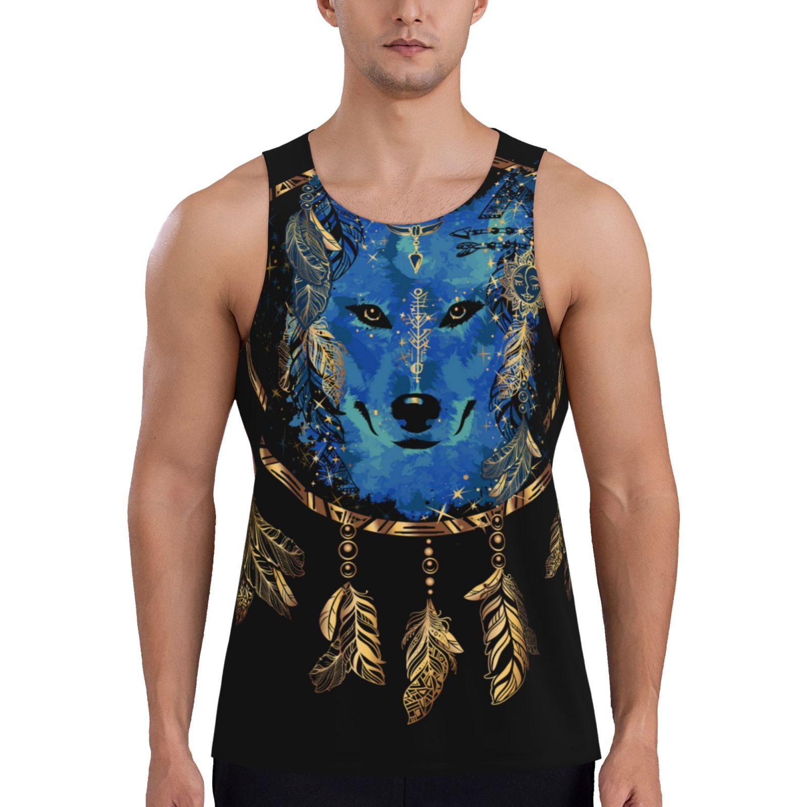Balery Wolf Head And Dreamcatcher Pattern Men's Workout Tank Top Gym ...