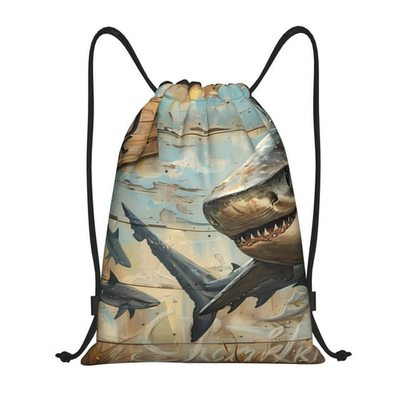 Balery Wood Grain Shark Pattern Drawstring Backpack Bag Sport Gym ...