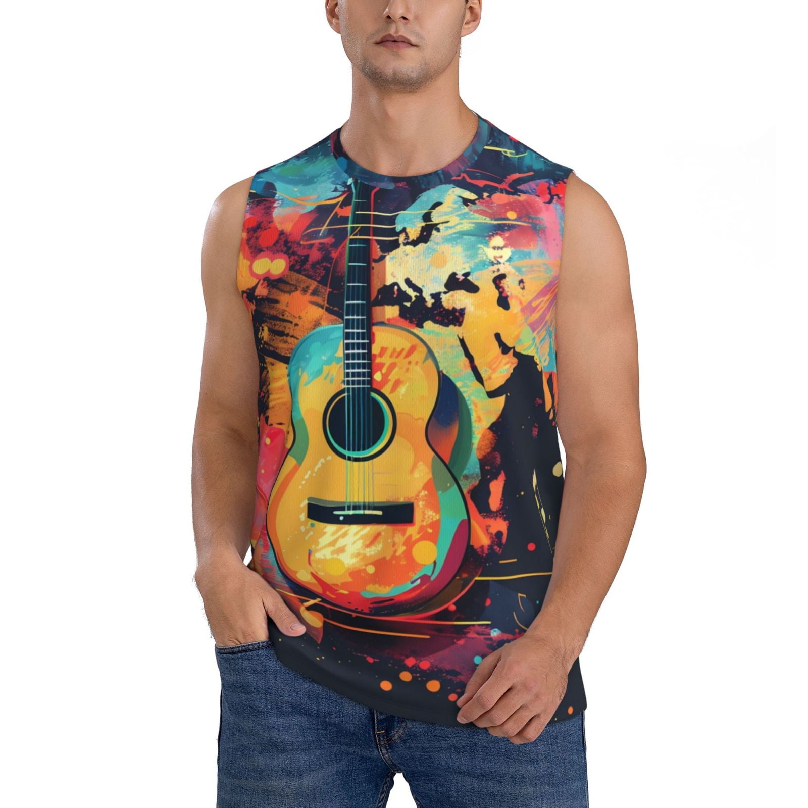 Balery World Map Guitar Illustration Men's Sleeveless Muscle Shirts ...