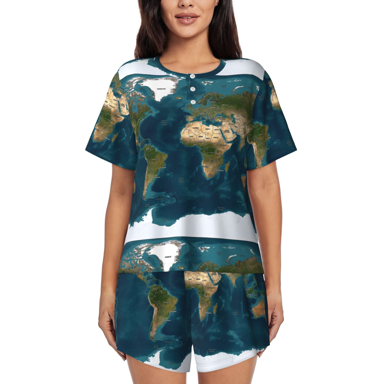 Balery World Map Pattern Womens Pajama Sets 2 Piece Soft Short Sleeve ...
