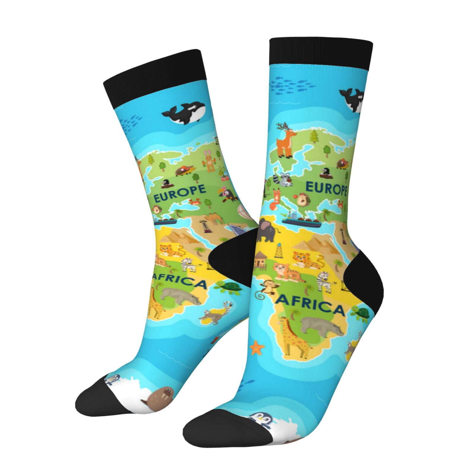 Balery World Map With Animals Landmarks Pattern Crew Socks Unisex– Soft ...