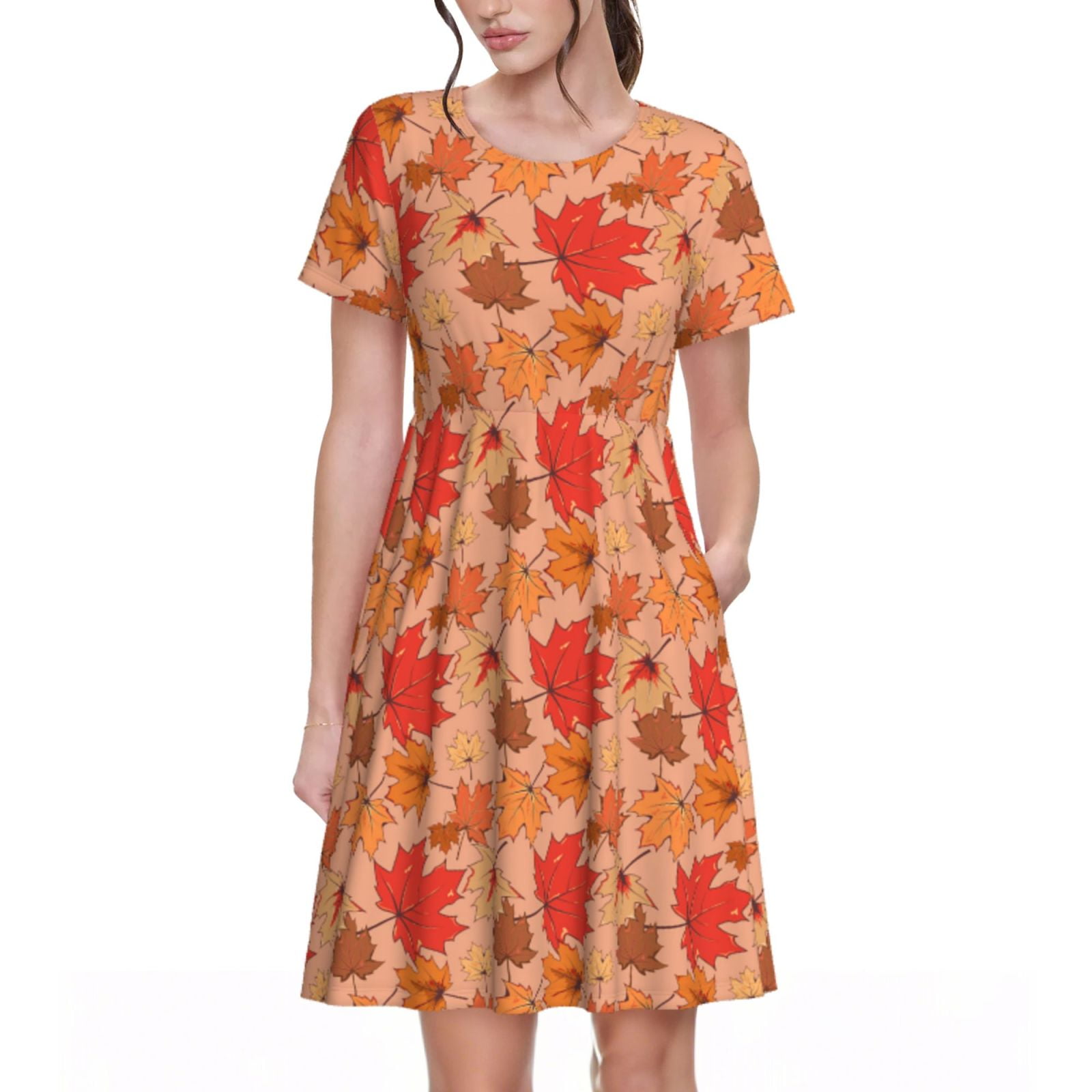 Balery Yellow And Red Maple Leaves Pattern Womens Dresses Loose Short ...